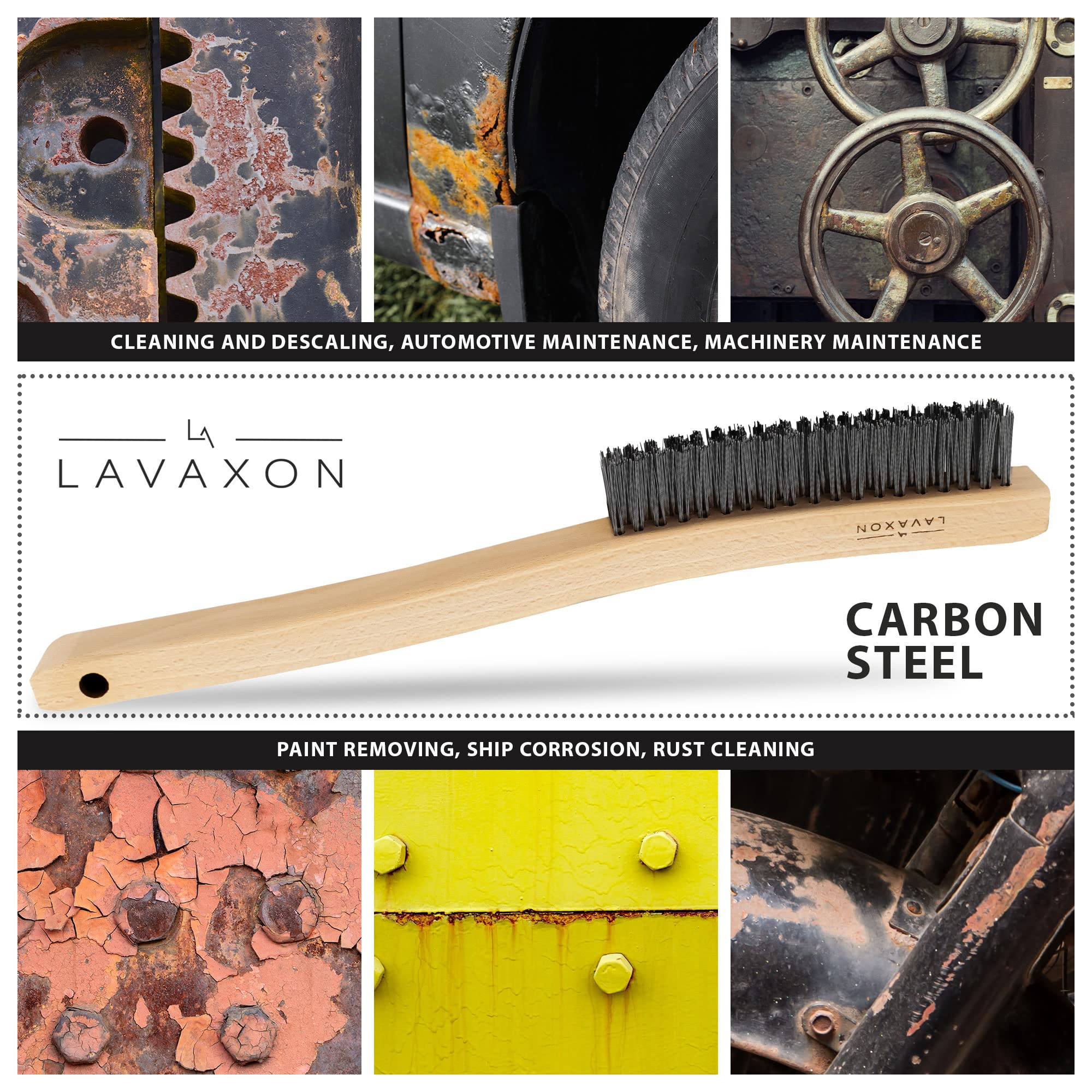 Lavaxon Wire Brush Set-Heavy Duty Stainless & Carbon Steel Bristles with Wood Handle Grip for Rust, Wielding Slag, Dirt & Paint Scrubbing with Deep Cleaning โ 14 Inches (Pack of 2)