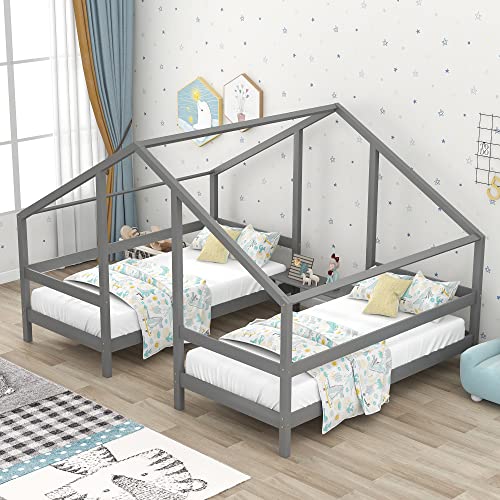 Double Twin Size Platform Beds with Built-in Table,Wood House Twin Beds Frames with Canopy Triangular Roof for Kids Teens Adults,Wood Slats Support/No Box Spring Needed,Gray