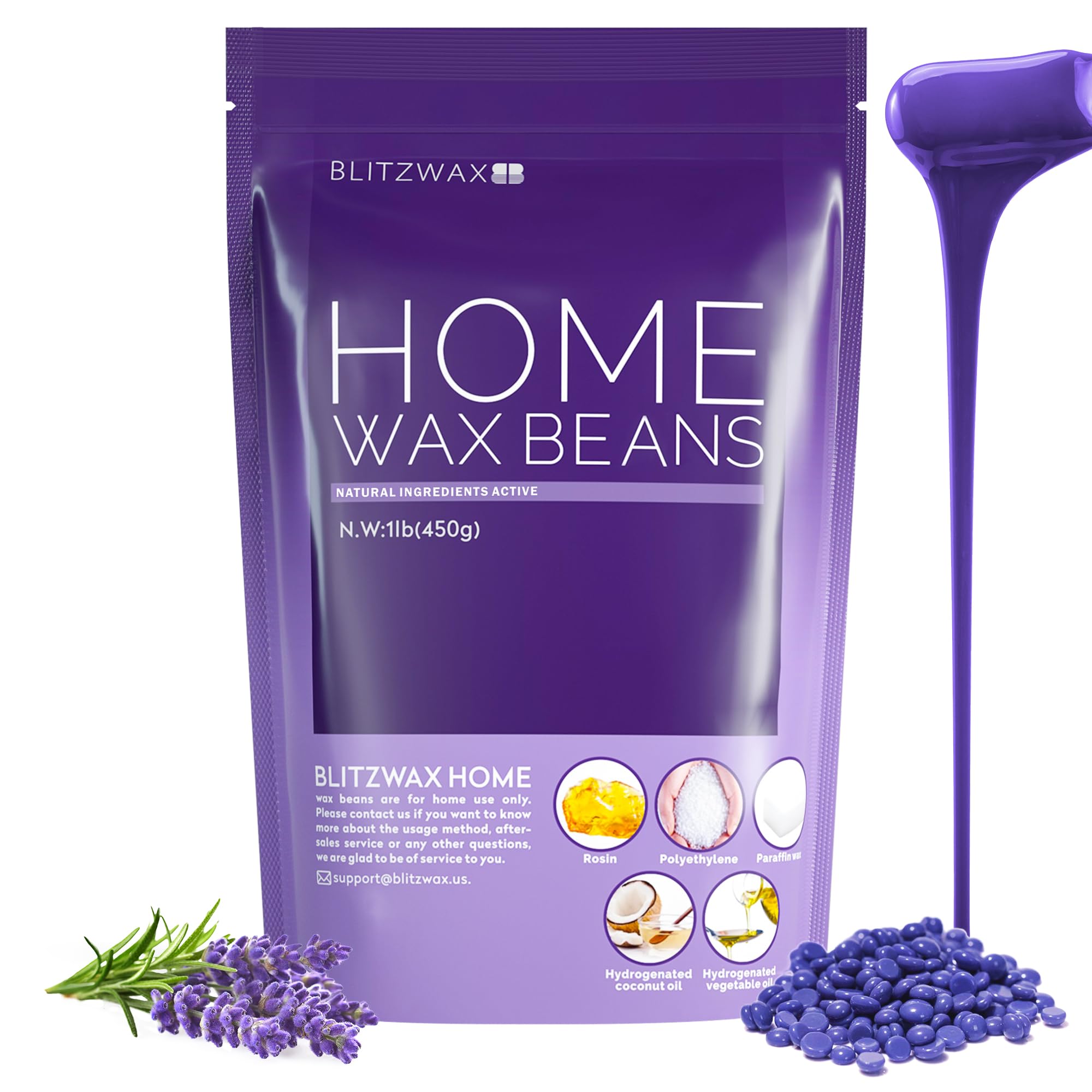 BLITZWAX Wax Beads for Hair Removal - 1lb Lavender Hard Wax Beads Coarse Hair Formula - Painless Wax for Sensitive Skin, Face, Eyebrow, Full Body, Bikini - At-Home Waxing Beads for Women Men