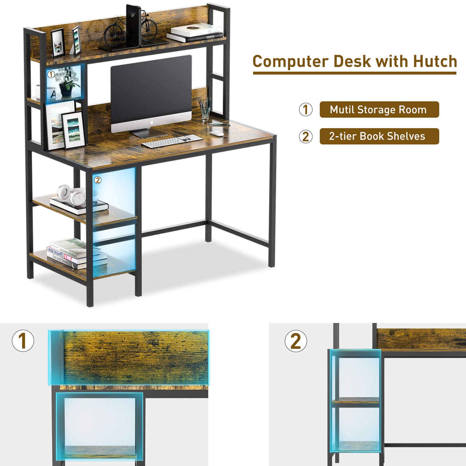 Bizzoelife Computer Writing Desk with Hutch and Bookshelf, Home Office Study Table & 2 Tier Storage Shelves Combo, 47inches Sturdy Wooden Vanity Desk for Kids and Student, Easy Assembly, Retro Brown