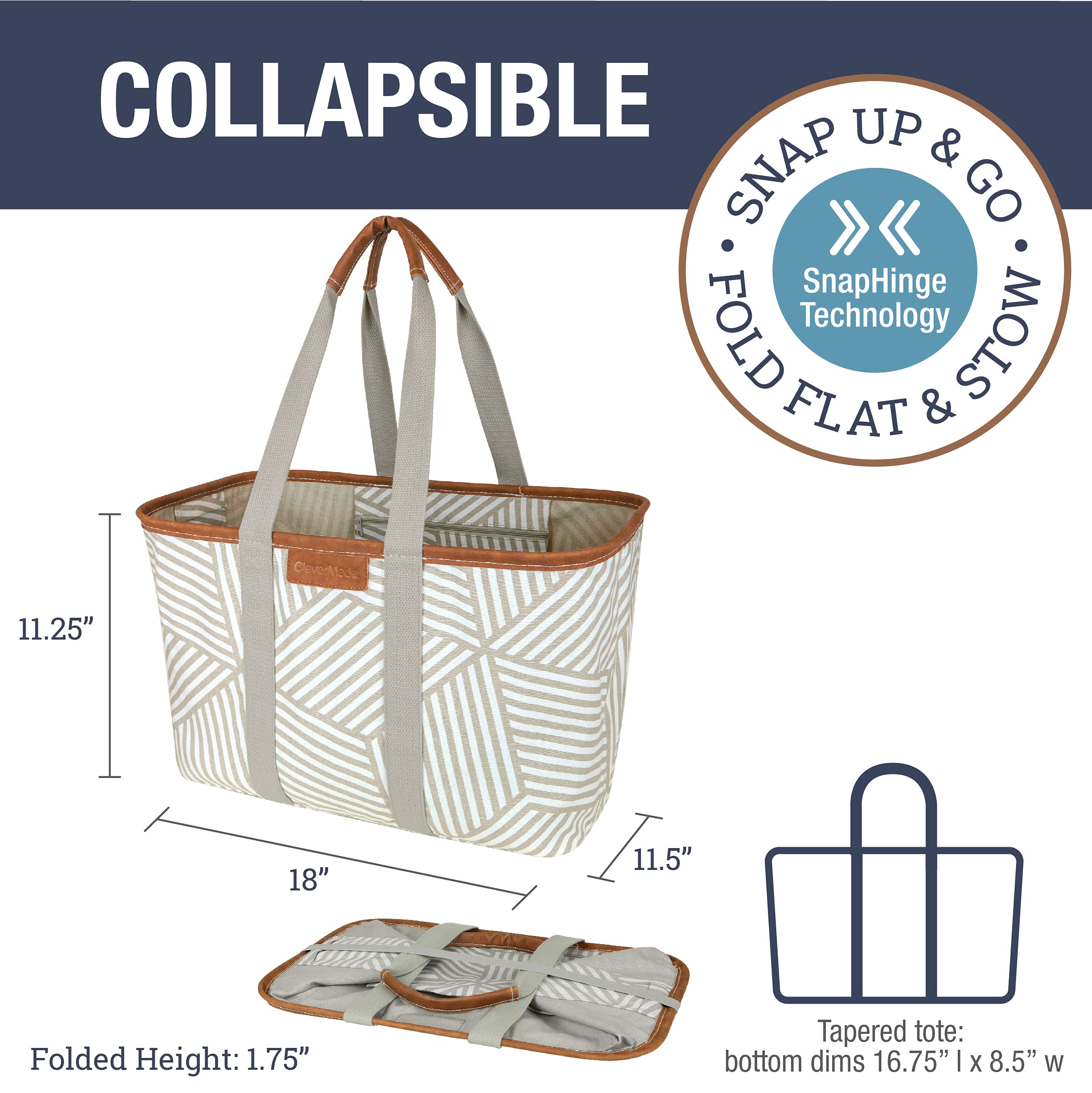 CleverMade Collapsible LUXE Tote, Geometric Taupe - 30L (8 Gal) Structured Tote Bag with Handles and Reinforced Bottom - Reusable Grocery Bag, Shopping Bag, Utility Tote Bag