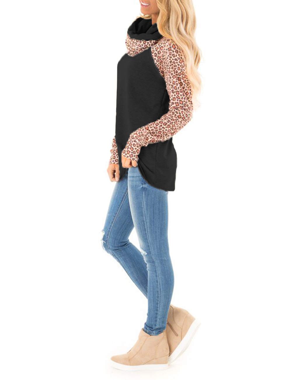 Blivener Women's Casual Sweatshirts Long Sleeve Leopard Print Tops Cowl Neck Raglan Shirts (Black, XL)