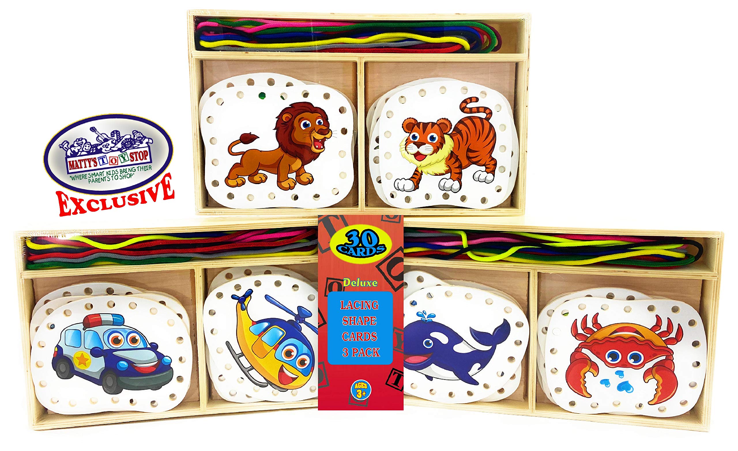 Matty's Toy Stop Deluxe Lacing Shapes (10 Count) Vehicles, Fish & Jungle Animals Educational Gift Set Bundle - 3 Pack (30 Shapes Total)