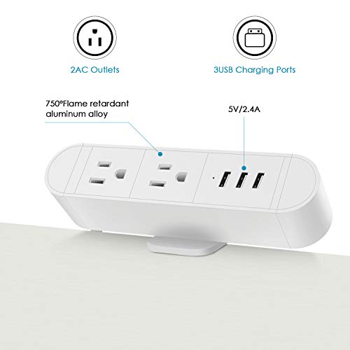 Desk Clamp Power Strip,The Clamp Edge Mount Power Center,Aluminum Alloy Fireproof Desktop Power Socket,Desktop Charging Station(White) (2AC & 3 USB)