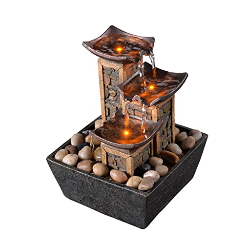 GOSSI Indoor 3-Tier Relaxation Tabletop Fountain Simulation Stone Pillar Water Fountain Soothing Sound Meditation Fountain with Natural River Rocks and Reflective Lighting Feature