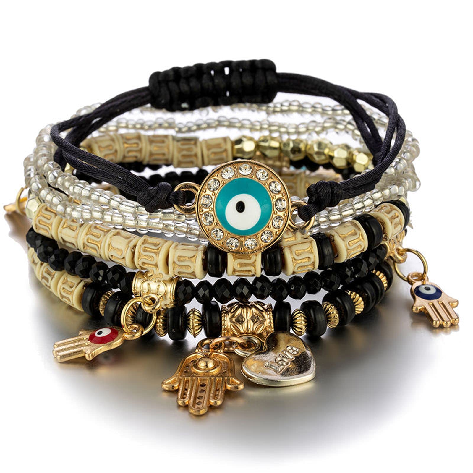 Bohemian Stretch Beads Bracelets Multilayer Evil Eye Hamsa Hand Bracelet Boho Charms Stretch Stackable Bracelet Handmade Multicolor Crystal Beaded Lucky Protection Bangles Strand Bracelet Set-B black