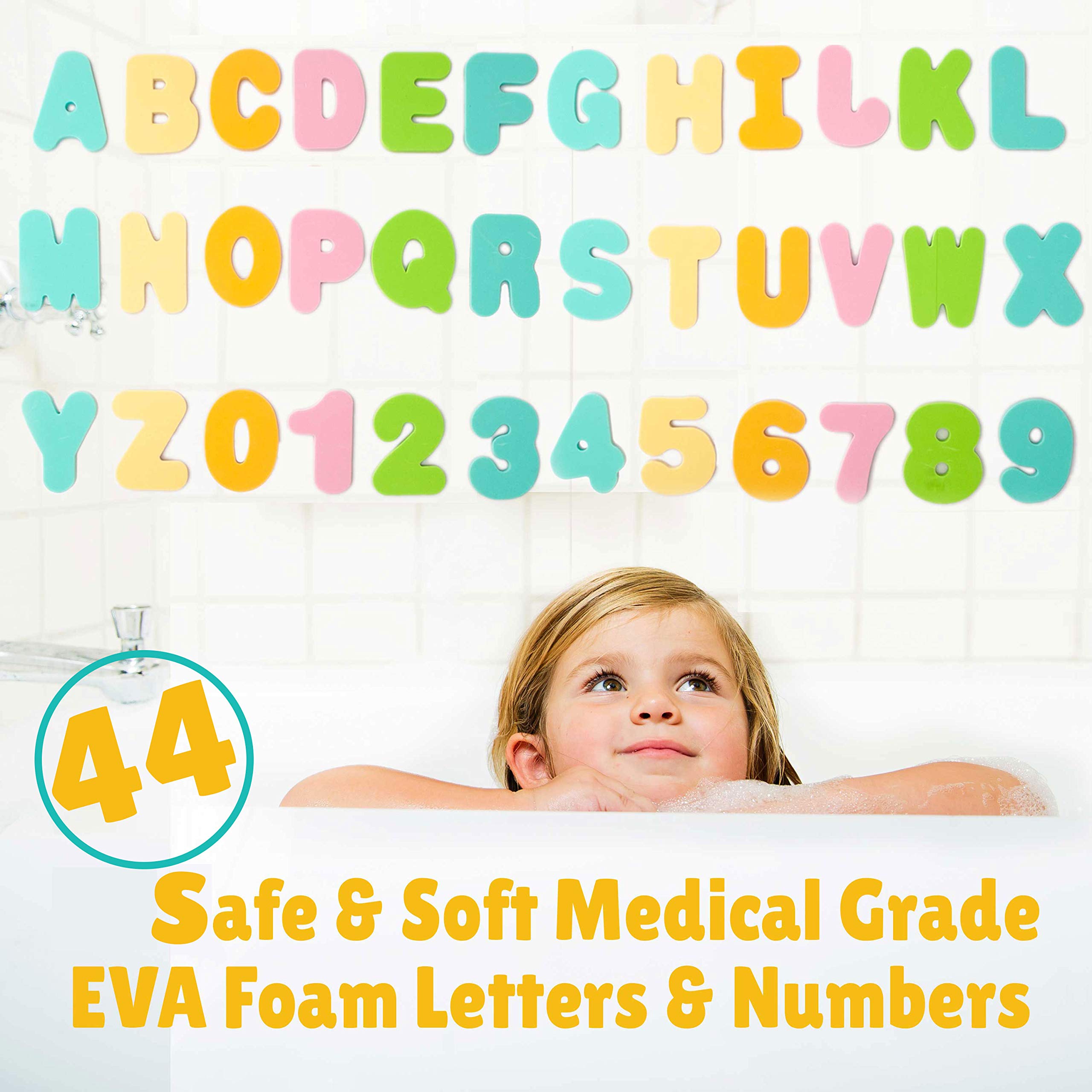 Tub Cubby Safe & Soft ABC 123 Foam Bath Letters & Numbers - Magically Stick On Wet Walls + Bonus Rubber Duck | Spell & Count Educational Alphabet Kids Bathtub Play Set - Extra 44 Pack