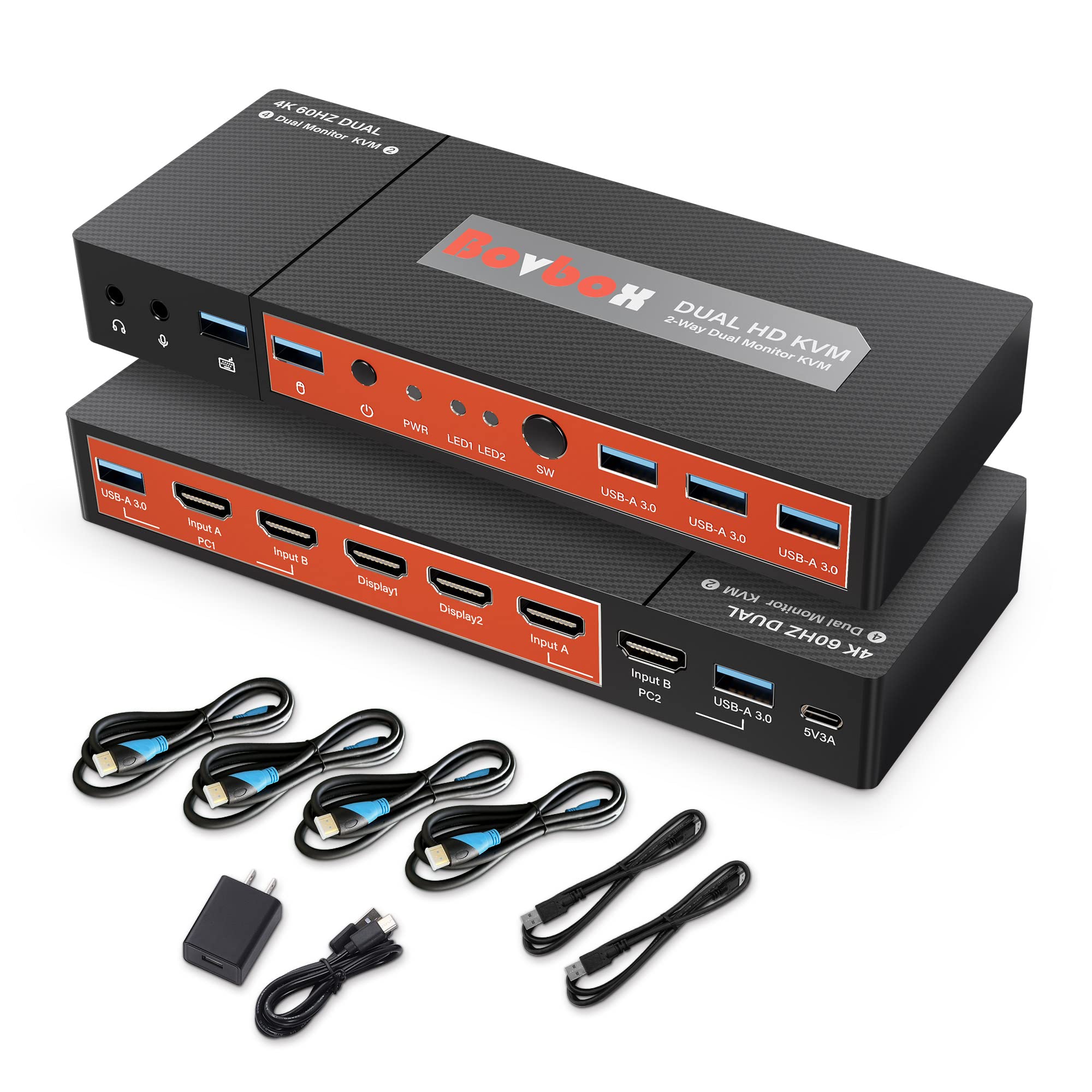 BovBox KVM Switch DisplayPort, HDMI KVM Switches 2 Port Dual Monitor Extended Display, 4K@60Hz 4:4:4 KVM Switch 2 Monitors 2 Computers with 3 USB 3.0 Hub, Audio, Hotkey & Button Switching
