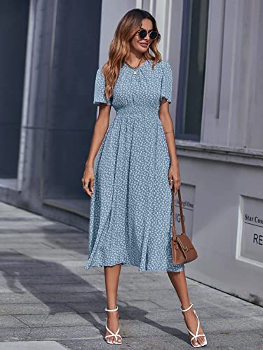 Floerns Women's Short Sleeve Boho Floral Dress A Line Smocked Midi Dress A Blue L