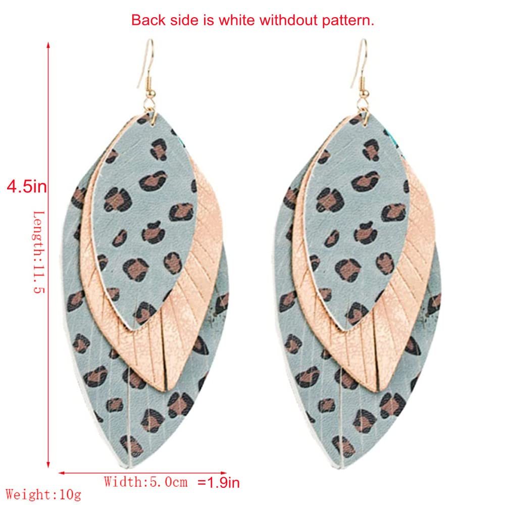 Boho Layered Leather Leaf Earrings for Women Girls Vintage Leopard Print Long Big Summer Statement Drop Dangle Hook Stud Lightweight Vintage Bohemian Beachy Jewelry (Blue)