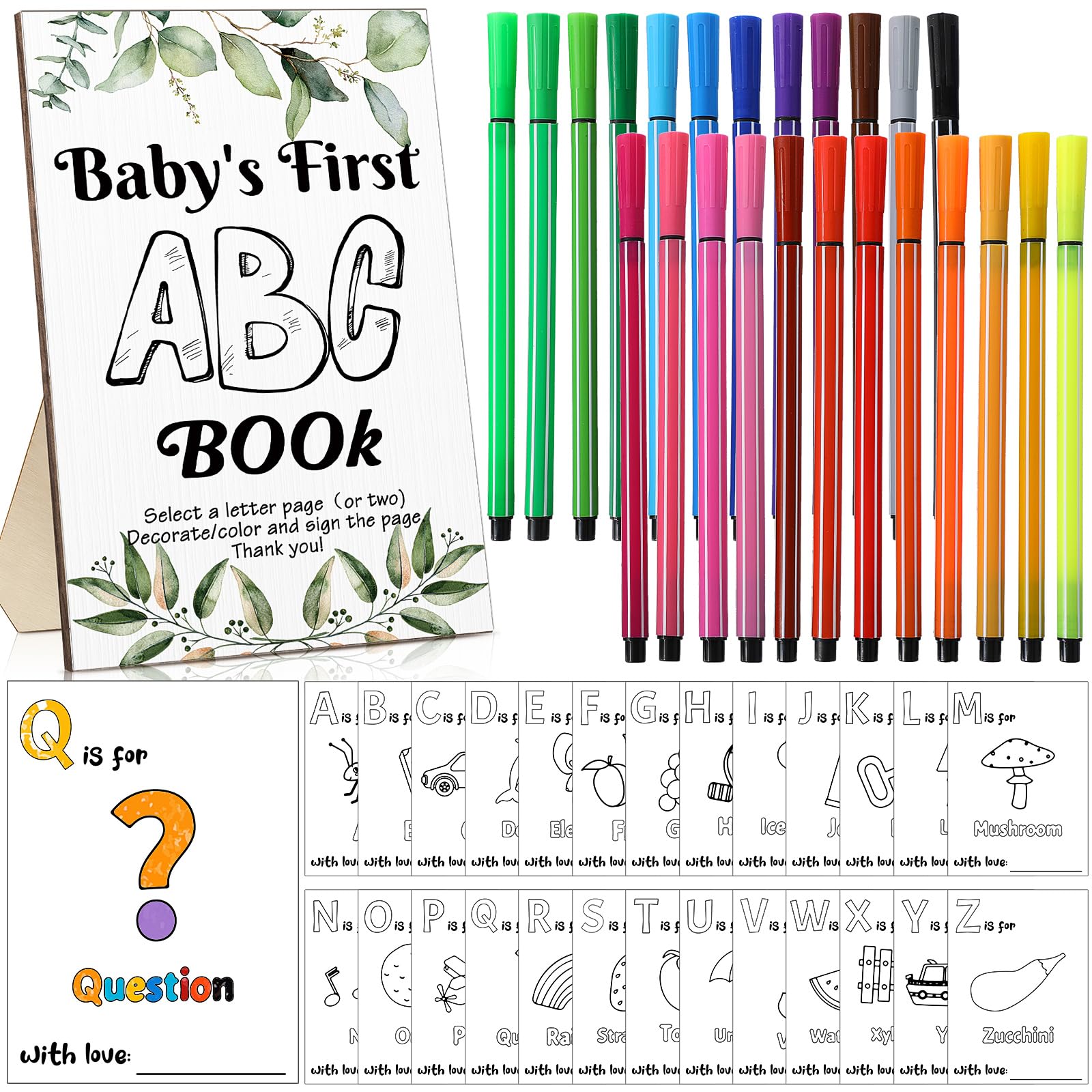 Geelin Fun Baby Shower Game Kid's ABC Book Sign 26 Coloring Game Card Alphabet A to Z Coloring Card 24 Watercolor Pen for Baby Shower Party Activities(Greenery)