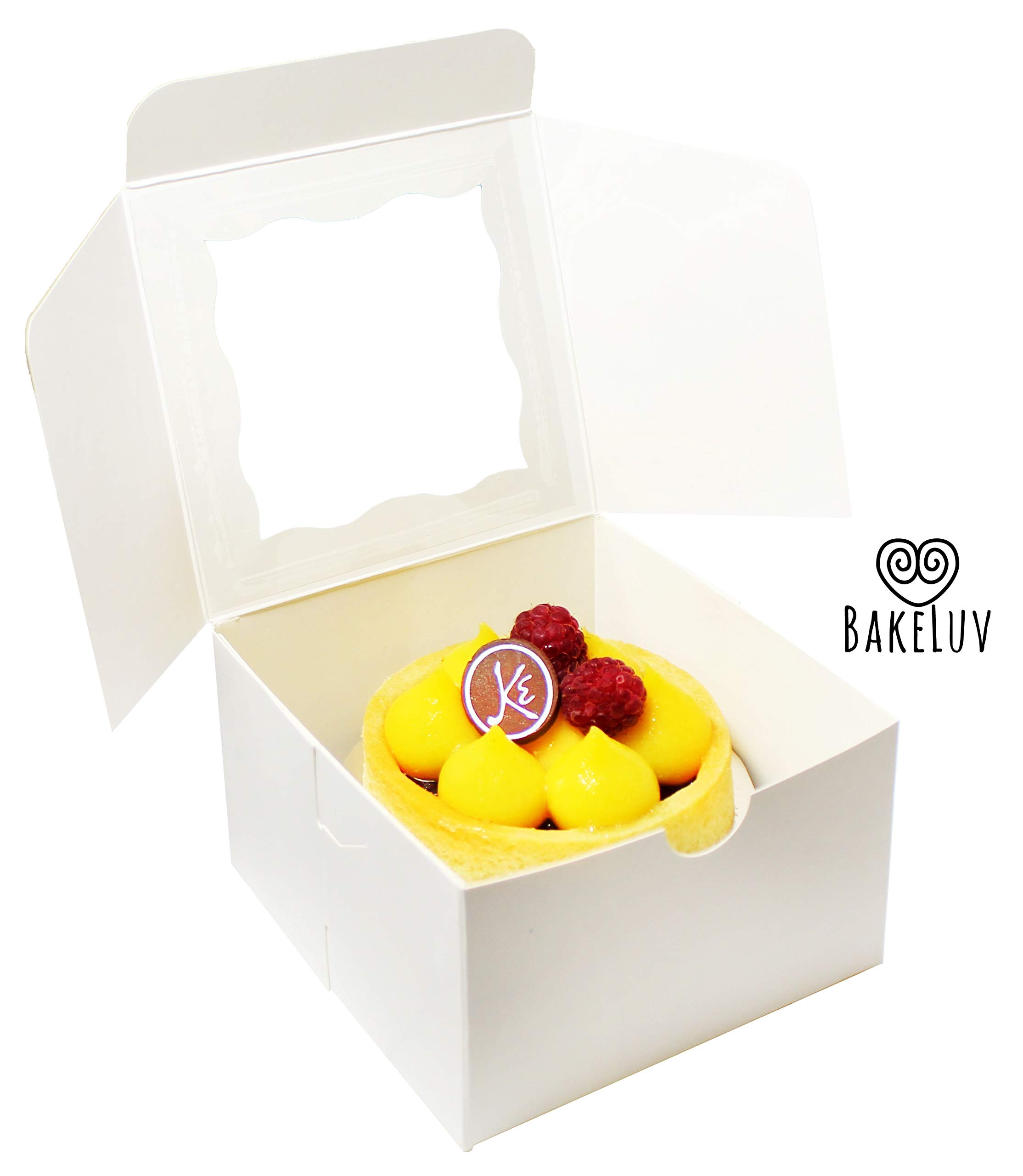 BAKELUV 4x4 Cookie Boxes with Window | White, 100 PCS | Small Treat Boxes, 4x4x2.5 Small Cookie Boxes, Bake Sale Boxes, 4 Inch To Go Bakery/Dessert, Cake Slice Boxes Individual, Cupcake/Muffin Box