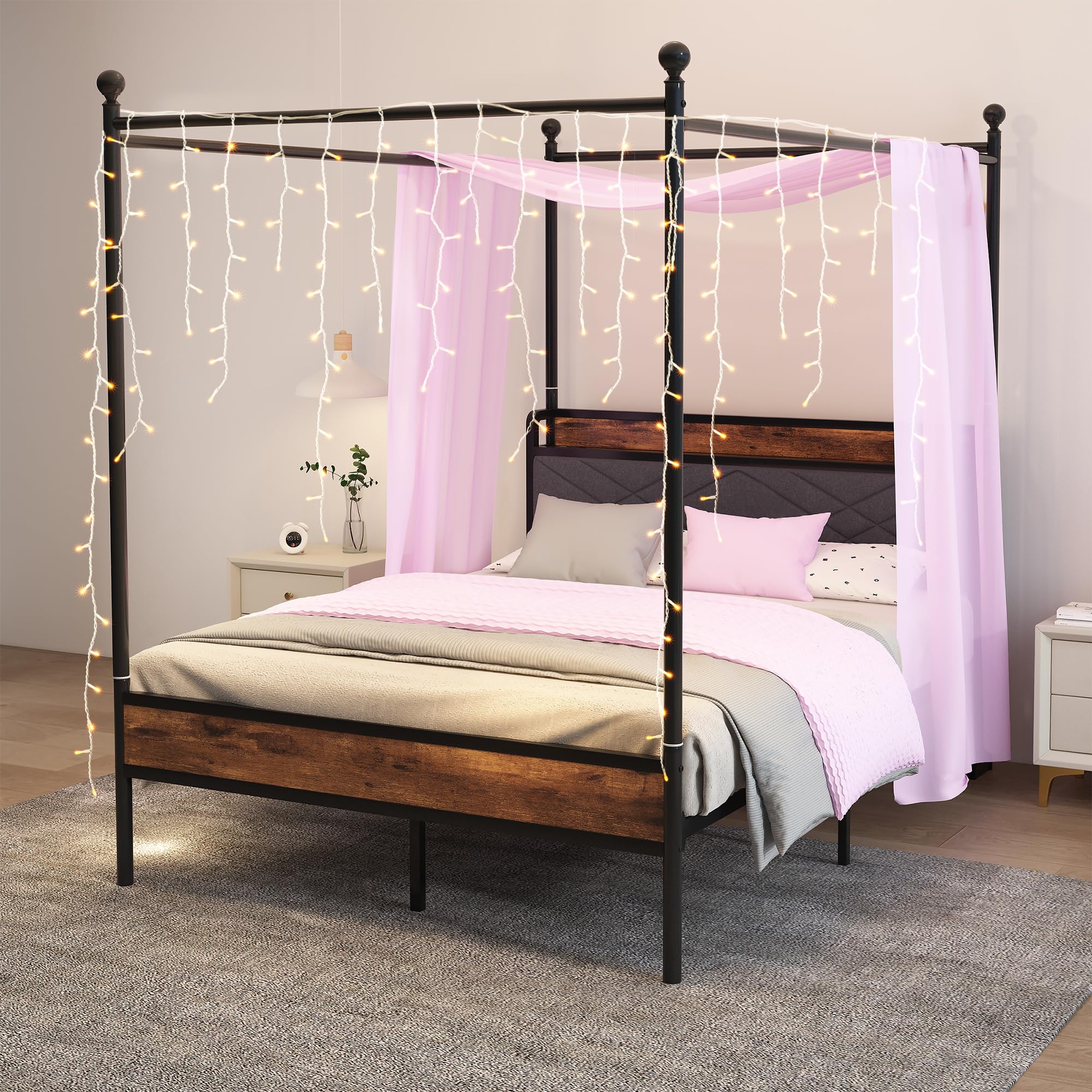 Bigbiglife Dual-Purpose Canopy Bed Frame, Bed Frame with Upholstered Headboard, Headboard with Storage Shelf and Charging Station, No Box Spring Needed, Queen Size
