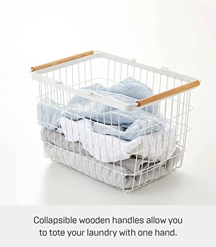 YAMAZAKI home 2809 Laundry Basket with Wooden Handles, Medium, White