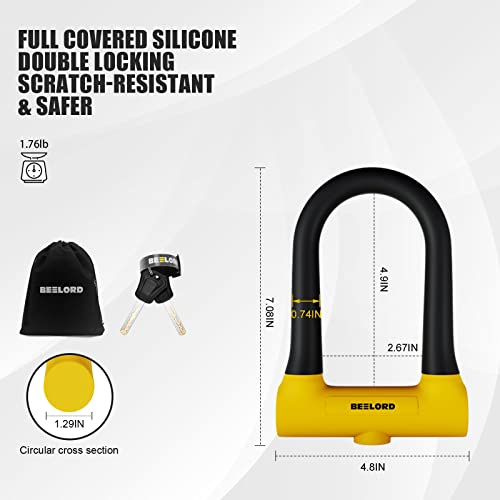 BEELORD Bike U-Lock, Heavy Duty Anti-Theft Bicycle U Lock, 18mm Shackle with Keys, Security Lock for Bicycles, E-Bikes, Scooters