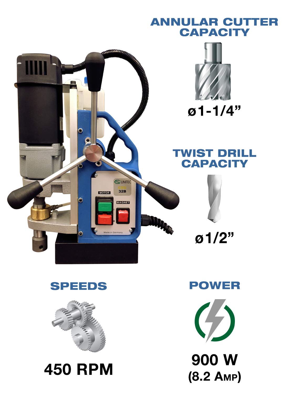 CS Unitec | 32B Portable Magnetic Drill Press | 900W 1-speed Benchtop Power Drill Machine w/up to 1-1/2" Diameter, 7-1/2" Depth of Cut