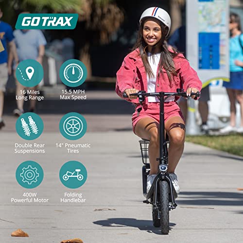 Gotrax FLEX Electric Scooter with Seat for Adult Commuter,16 Miles Range&15.5Mph Power by 400W Motor, Foldable Scooter with 14" Pneumatic Tire& 9”Comfortable Wider Deck, EBike with Carry Basket Black