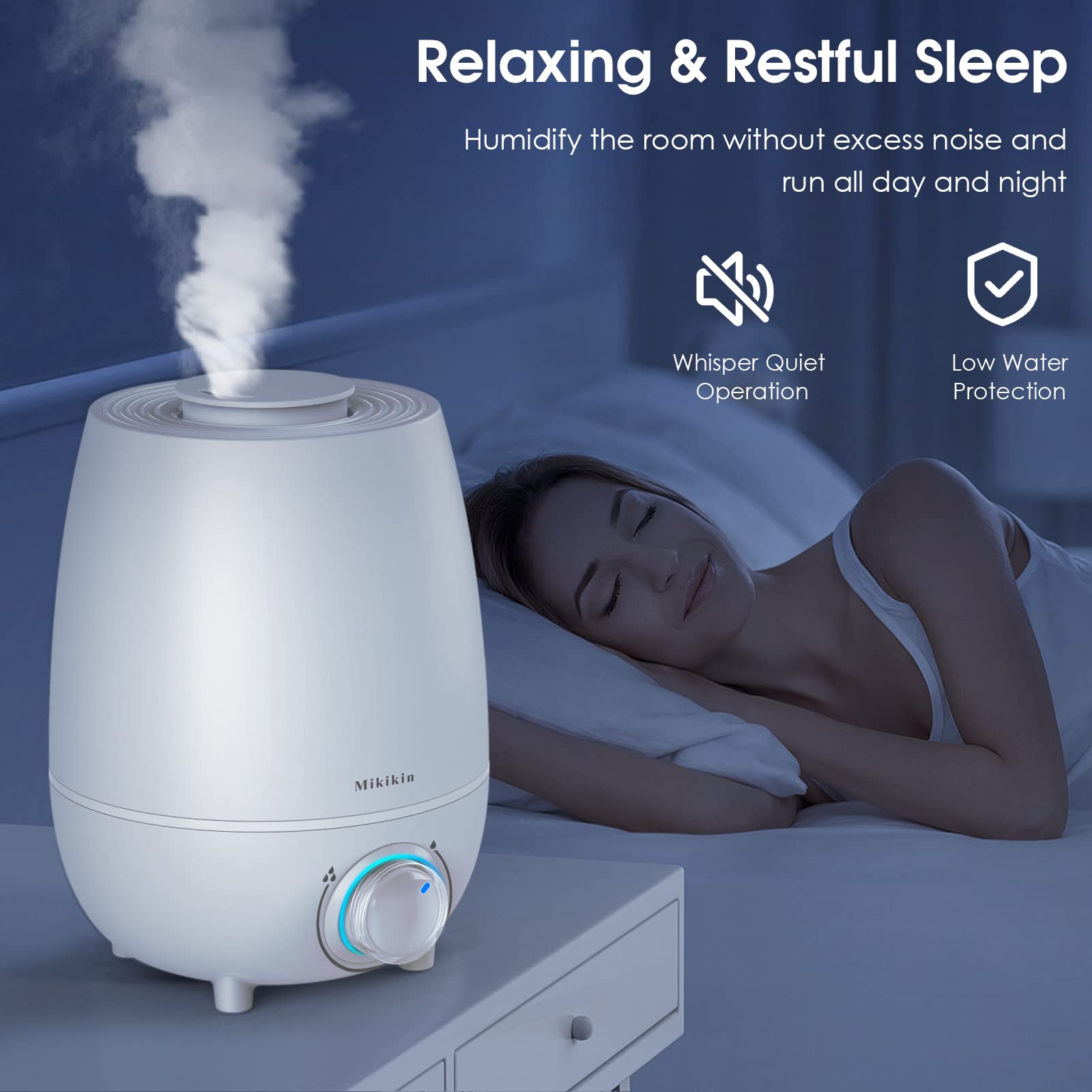 Mikikin Cool Mist Humidifiers, Ultrasonic Air Humidifier for Bedroom, Baby, Nursery, Home, Quiet, 3L Top Fill Humidifier with 360° Rotatable Nozzle, Essential Oils Tray, Auto Shut-Off, Easy to Clean