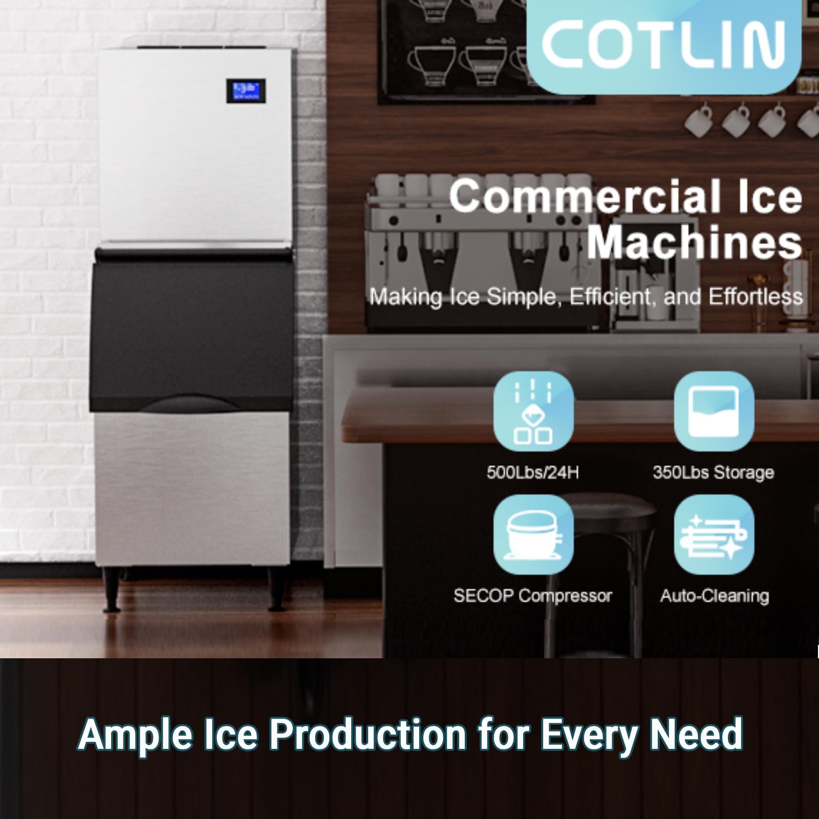 Commercial 500Lbs/24H Ice Maker Machine,Ice Ready in 5-15 min, 350Lbs Large Storage,800W Stainless Steel Nugget Ice Machine with Filters,Water Line Hook Up,Ice Thicknesses Adjustable