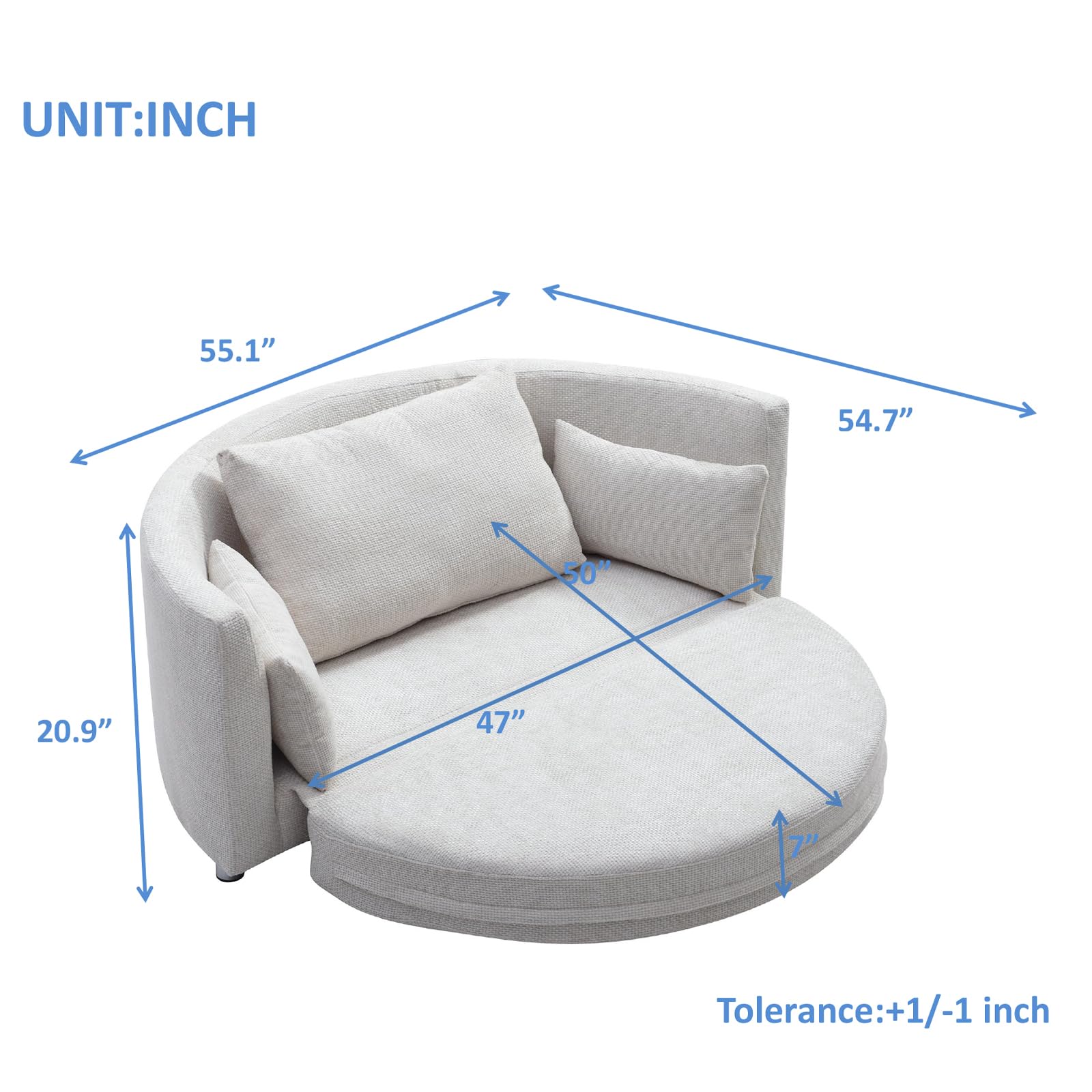 EXZLFA Oversized Round Foldable Sofa Sleeper Chair Bed, Fold Out Lazy Floor Recliner Convertible Two Layer Upholstered Wide Seat Couch with 3 Pillows for Living Room Bedroom Guest Room (Beige)