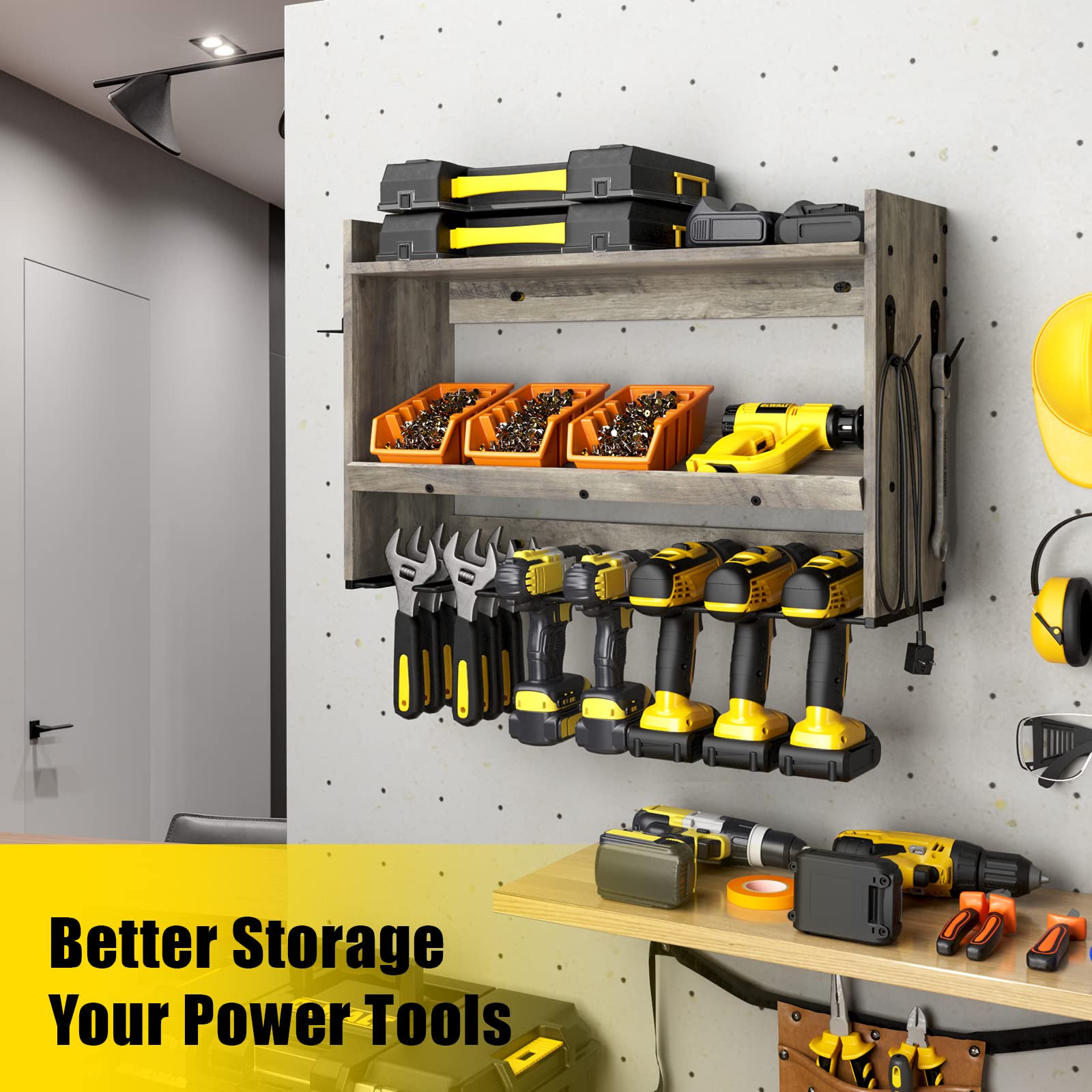 Bowdanie 4 PCS Broom Holder Wall Mount and Power Tool Organizer, Drill Storage and Charging Station for Garage Tool Organizer