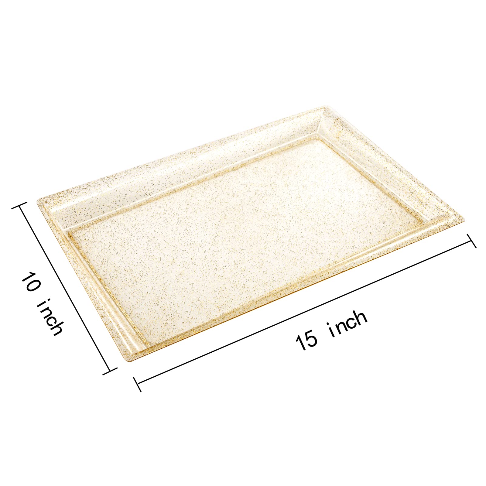 I00000 6 Pack Gold Glitter Plastic Serving Tray, 15" x 10" Crooked Food Trays, Clear Disposable Serving Platter for Parties, Weddings