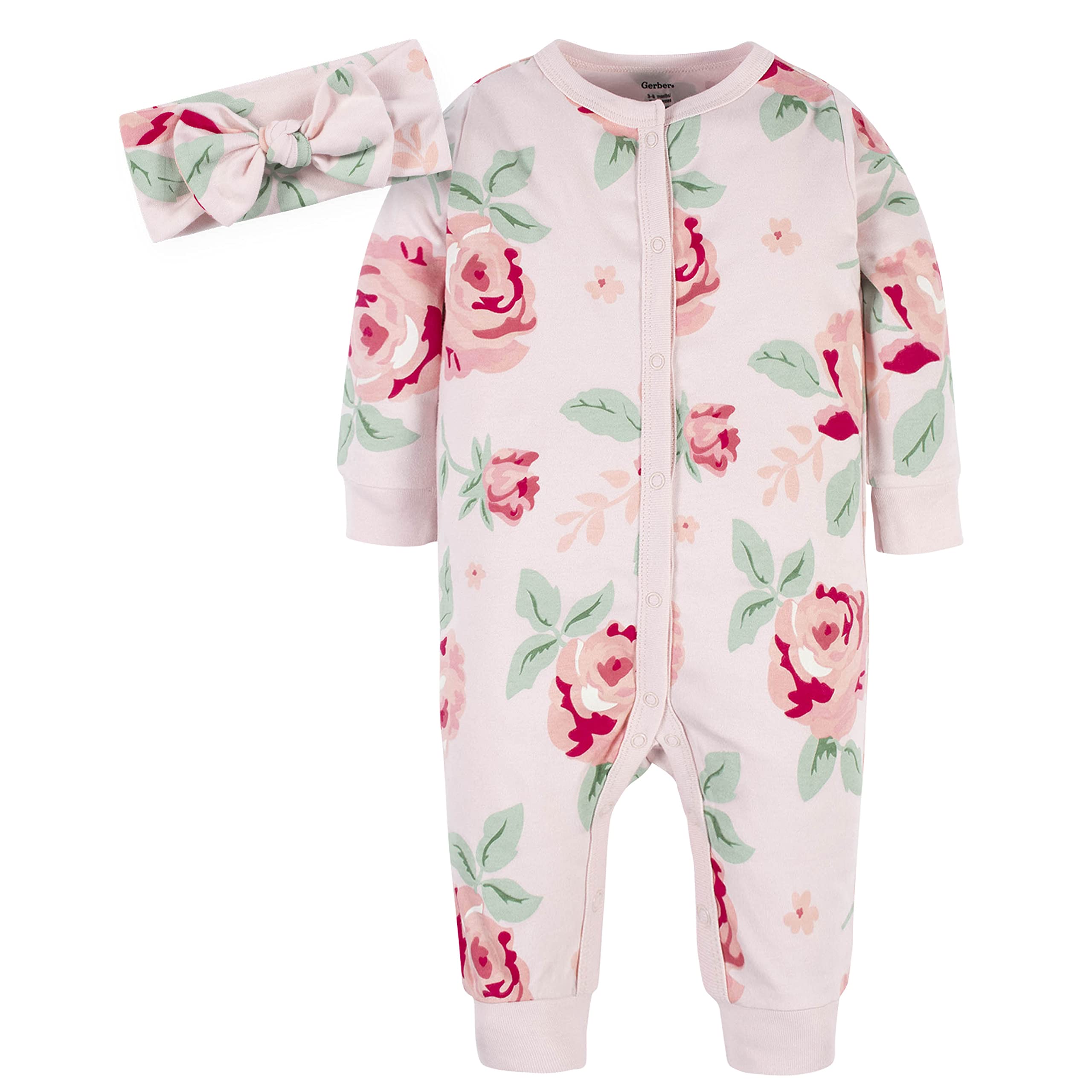 Gerber Baby Girls 2-Piece Boutique Coverall & Headband Set, Pink Rose, 0-3 Months