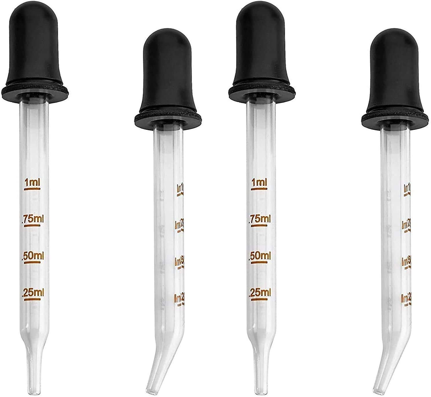 Eye Dropper - (Pack of 4) Bent & Straight Tip Calibrated Glass Medicine Droppers for Medications or Essential Oils Pipette Dropper for Accurate Easy Dose & Measurement (1 mL Capacity)