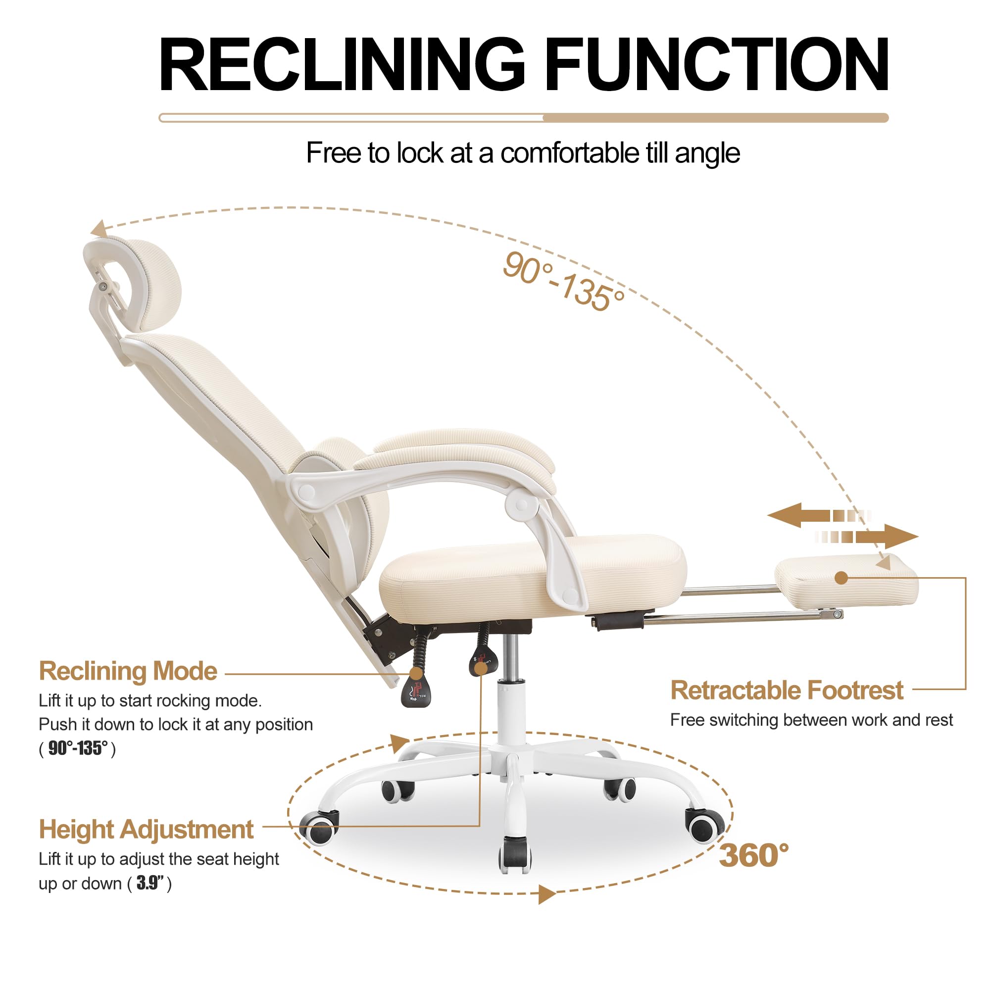 BOWTHY Ergonomic Office Chair with Footrest,Mesh Home Office Desk Chair with Adjustable Lumbar Support & Headrest,90-135 Comfy Reclining Chair,High Back Computer Executive Chair,360 Swivel Task Chair