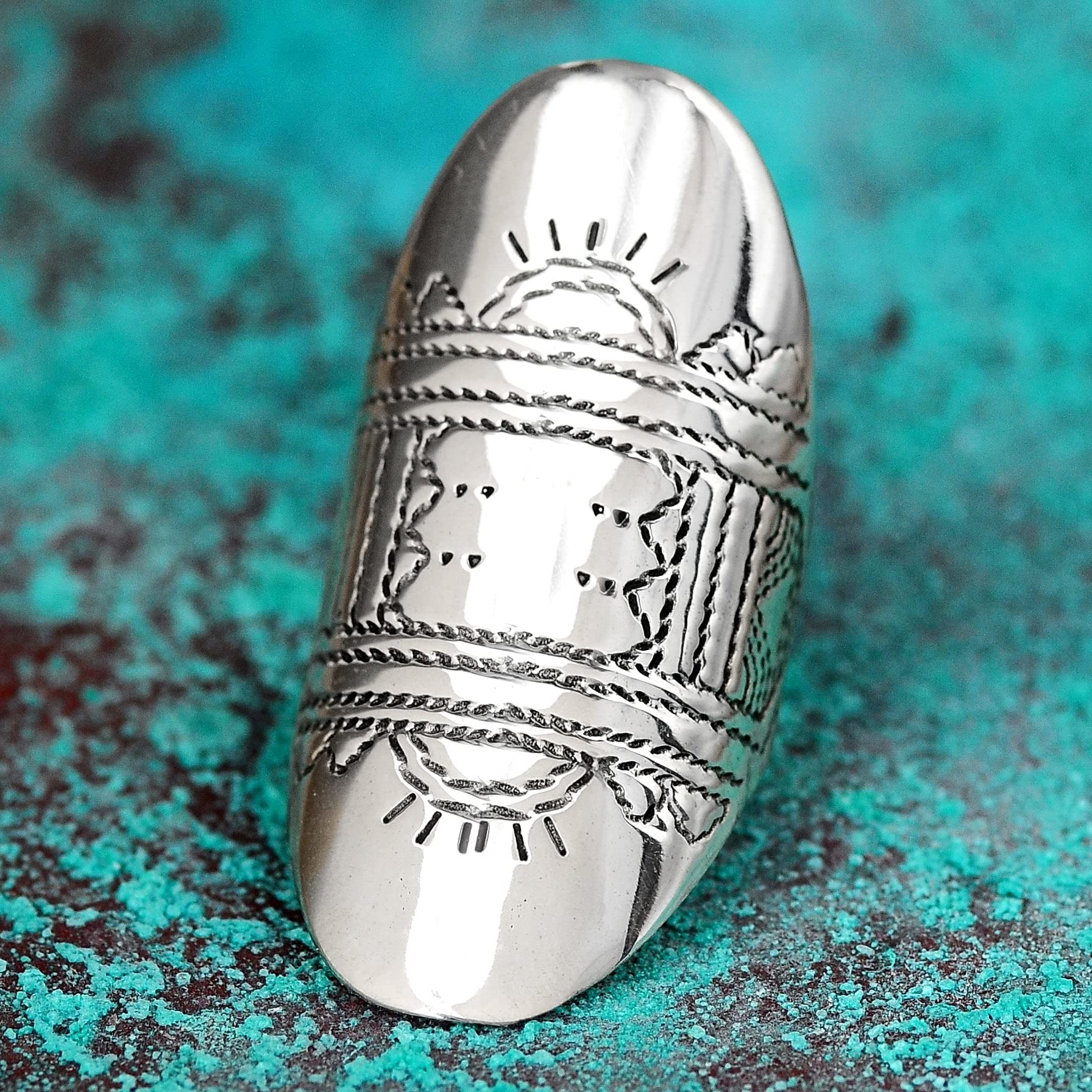Boho-Magic Sterling Silver Statement Ring for Women Full Finger Long Engraved Jewelry (9)