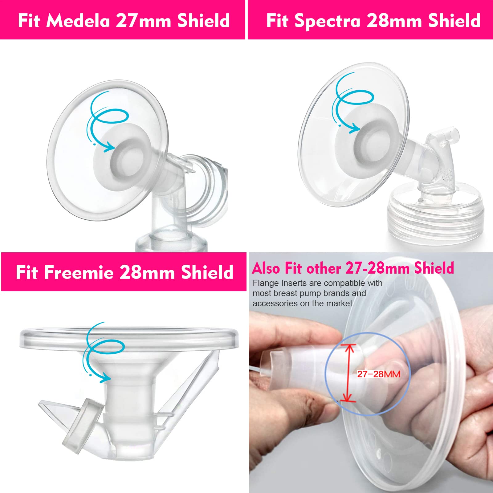 LOZAEVE 25mm Silicone Flange Inserts Compatible with for Spectra S1/S2, Medela, Bellababy, Elvie, Willow go, Momcozy S9 S10 S12, Freemie Breast Pump Insert Shields, Reduce 27-28mm Tunnel to 25mm, 2pcs
