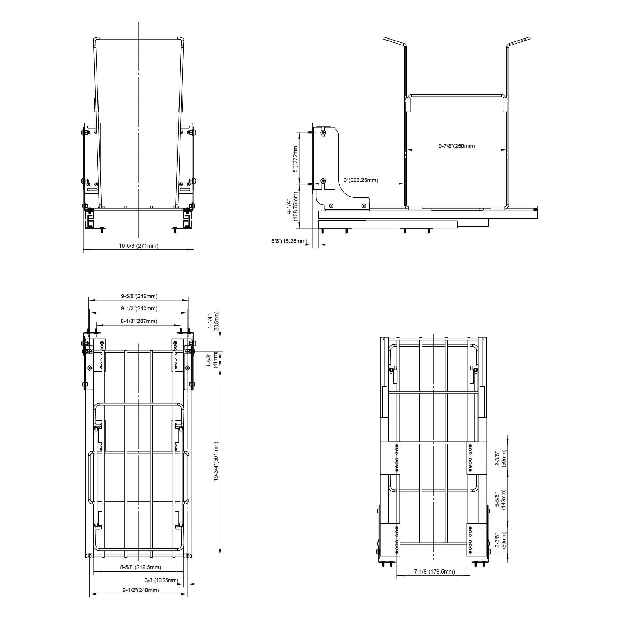 Dowell Alu Bottom Mount Pull- Out Waste Container W/Door Mounting Kit - Single Grey Recycling Bin- for Both 15β Frameless & Face Framed Cabinet -4012 0115 35