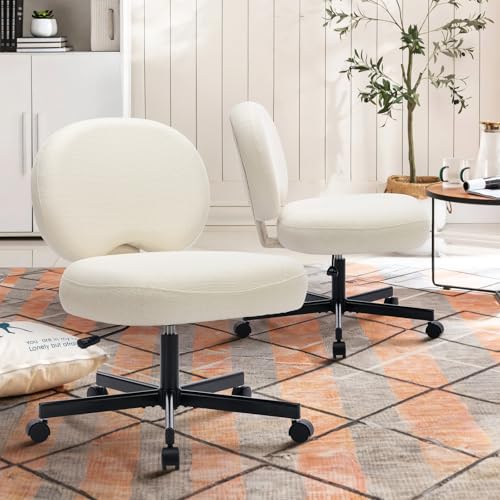 Criss Cross Chair with Wheels-Armless Cross Legged Desk Chair with Adjustable Height, Ergonomic Swivel Vanity Chair Mid Back Computer Home Office Task Chair for Small Space/Bedroom/Study-Beige
