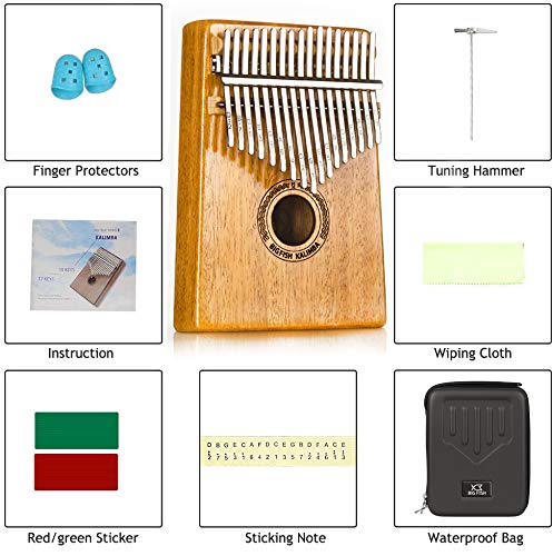 BIGFISH Kalimba thumb piano 17 keys, Solid Wood Board Professional Kalimba, Portable Mbira Finger Piano w/Protective Case, Fast to Learn Songbook, Tuning Hammer, All in One Kit (Mahogany)