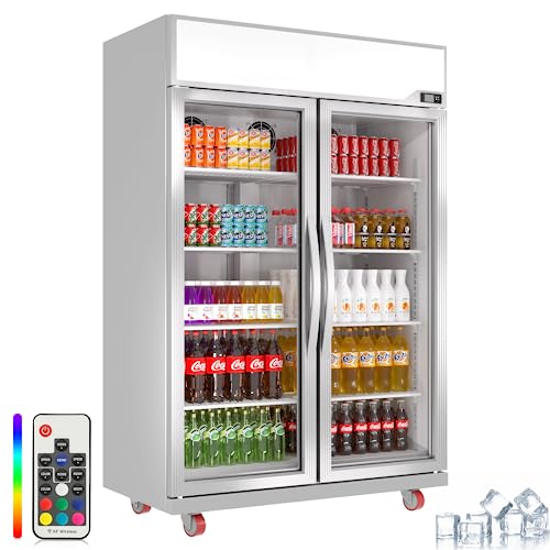 HIPOPLLER Commercial Glass 2 Door Display Refrigerator Merchandiser - Upright Beverage Cooler with LED Lighting - 38.5 Cu. Ft., Silver
