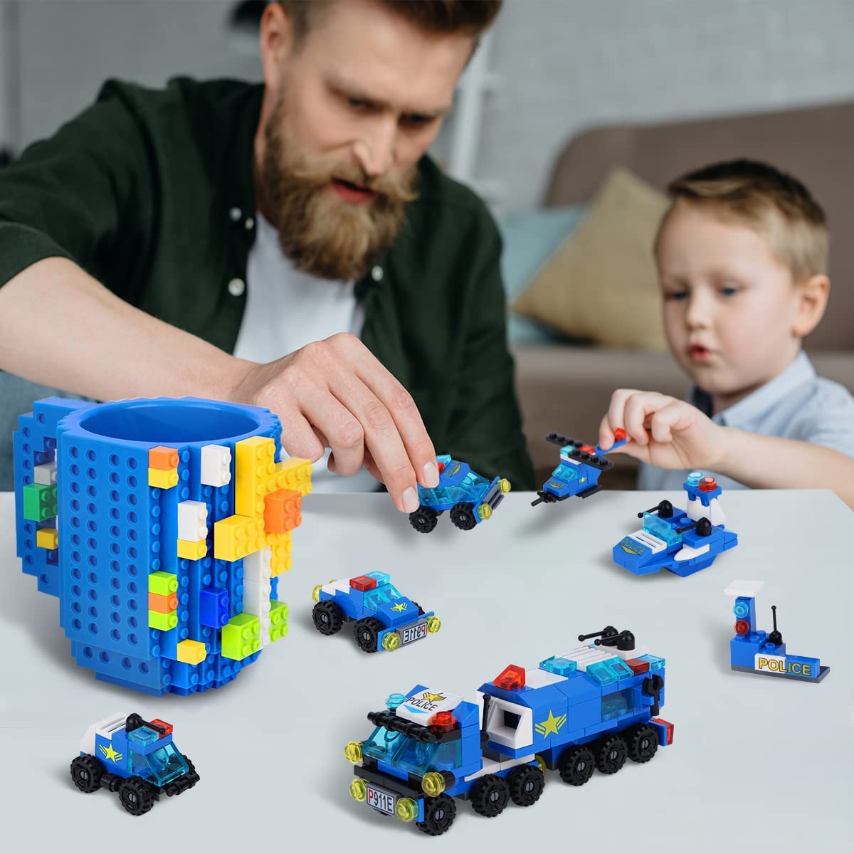 MIMAX Build-on Brick Mug with 180+ Pieces Building Blocks Toys Set for Kids Birthday (Blue-Upgrade)