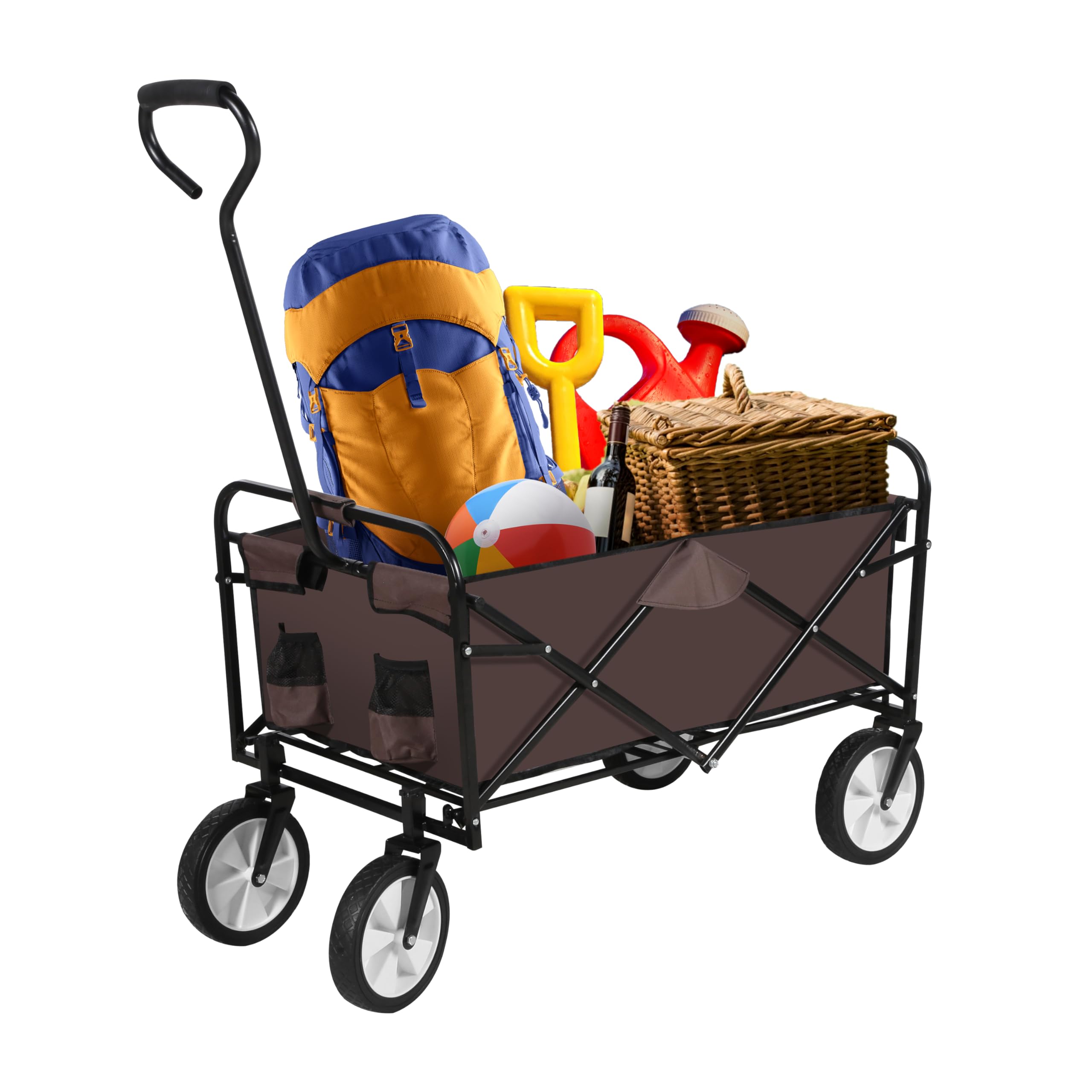 Collapsible Folding Wagon, Beach Wagon Cart Heavy Duty 220LBs Foldable, Utility Grocery Wagon with Side Pocket for Camping Garden Sports