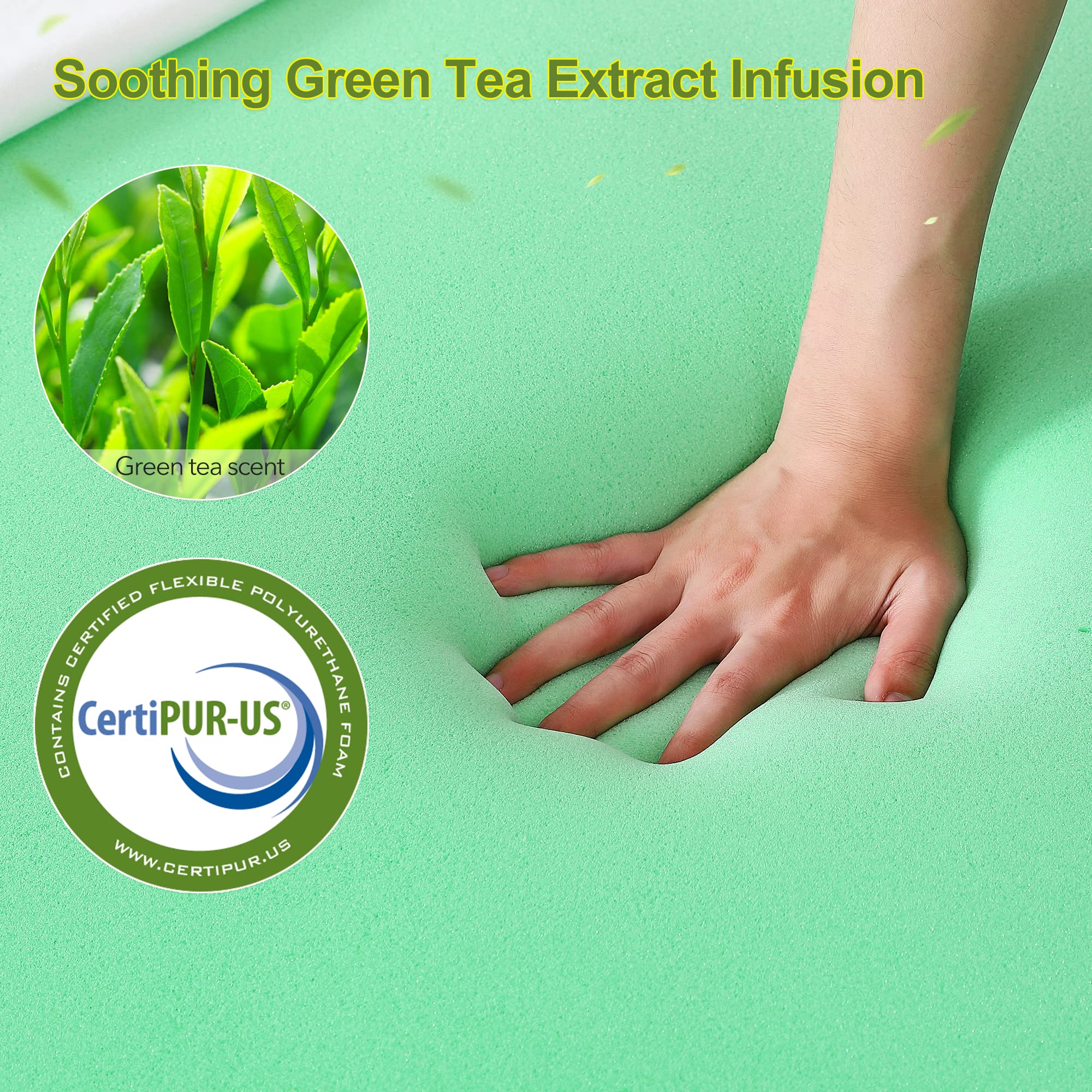 Mattress Topper Full, Homhougo 2 Inch Green Tea Memory Foam Mattress Topper with Zippered Bamboo Cover, Cloud-Like Soft