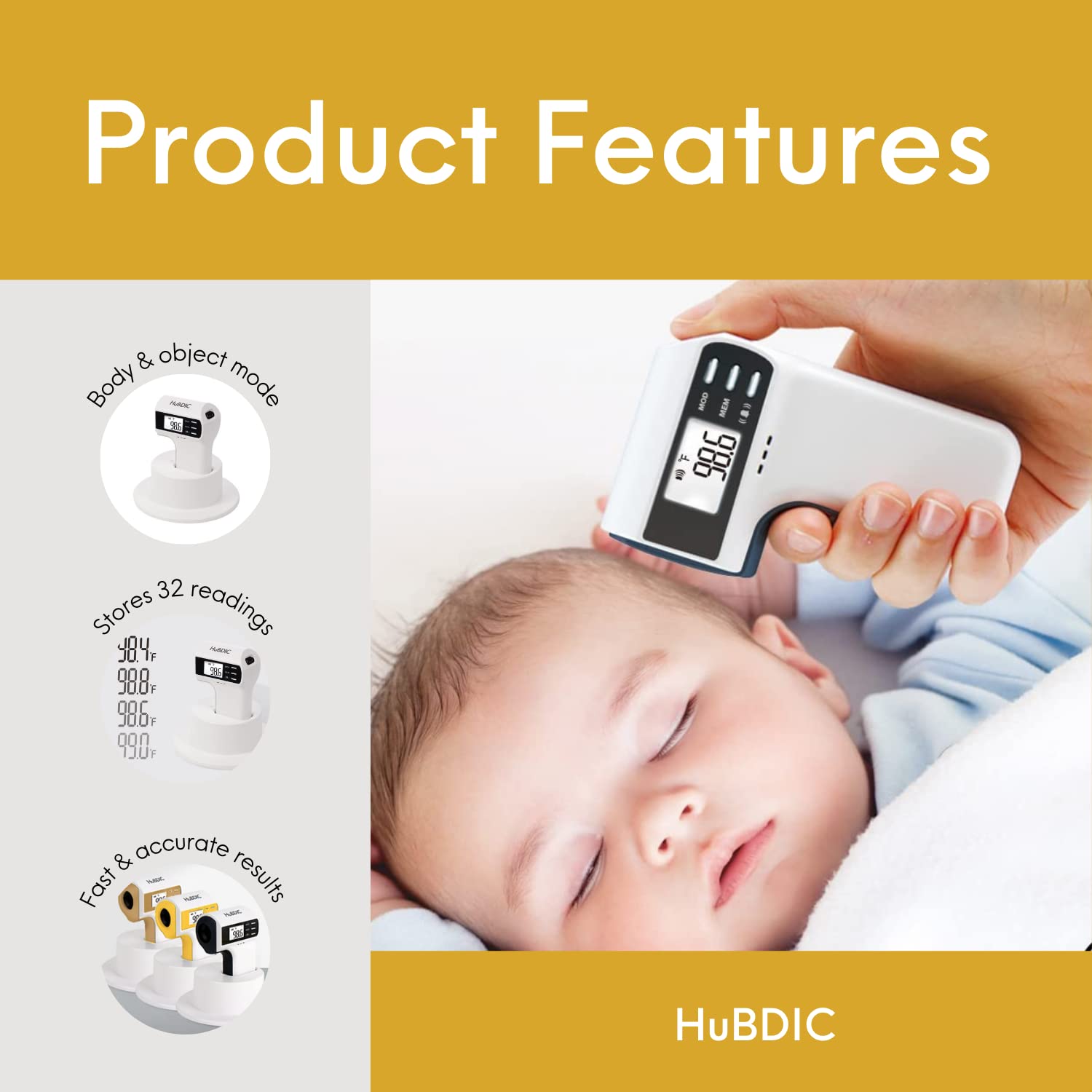 Medical Grade Infrared Non-Contact Forehead Thermometer, Digital Infrared Thermometer for Adults and Kids, Touchless Baby Thermometer, LCD Display and Memory Function (Yellow)