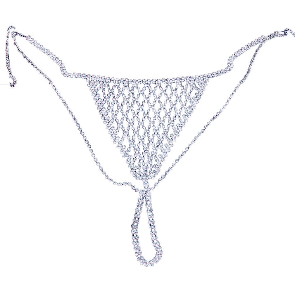 Bridal Rhinestone Thong Panties, Crystal Belly Waist Body Chain Jewelry Cute Sexy Bikini Rhinestone Underwear (Silver color)