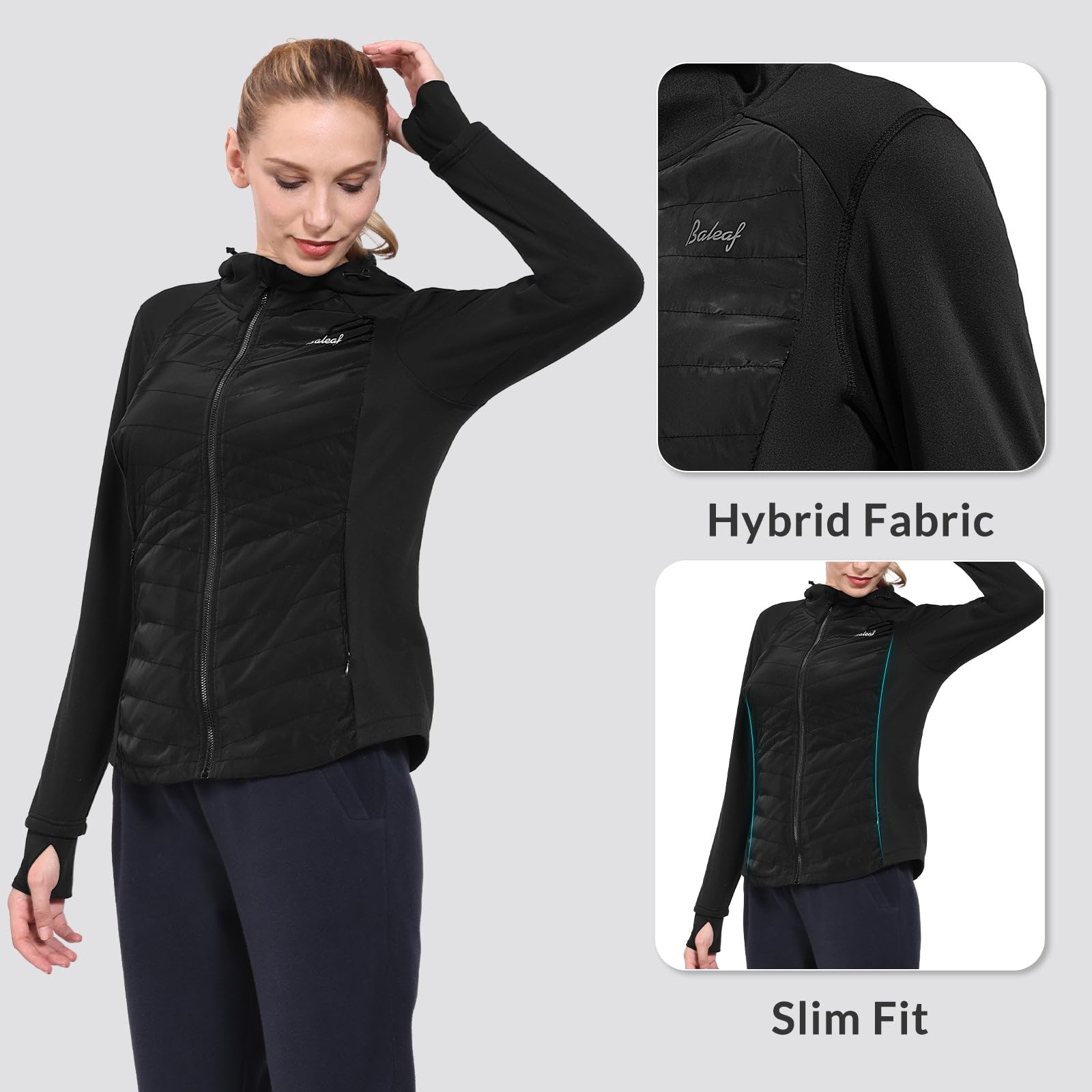 BALEAF Women's Insulated Running Puffer Jackets Hybrid Down Jacket Hiking Stretch Zip Pockets Fleece with Hoodie Cold Weather Black M