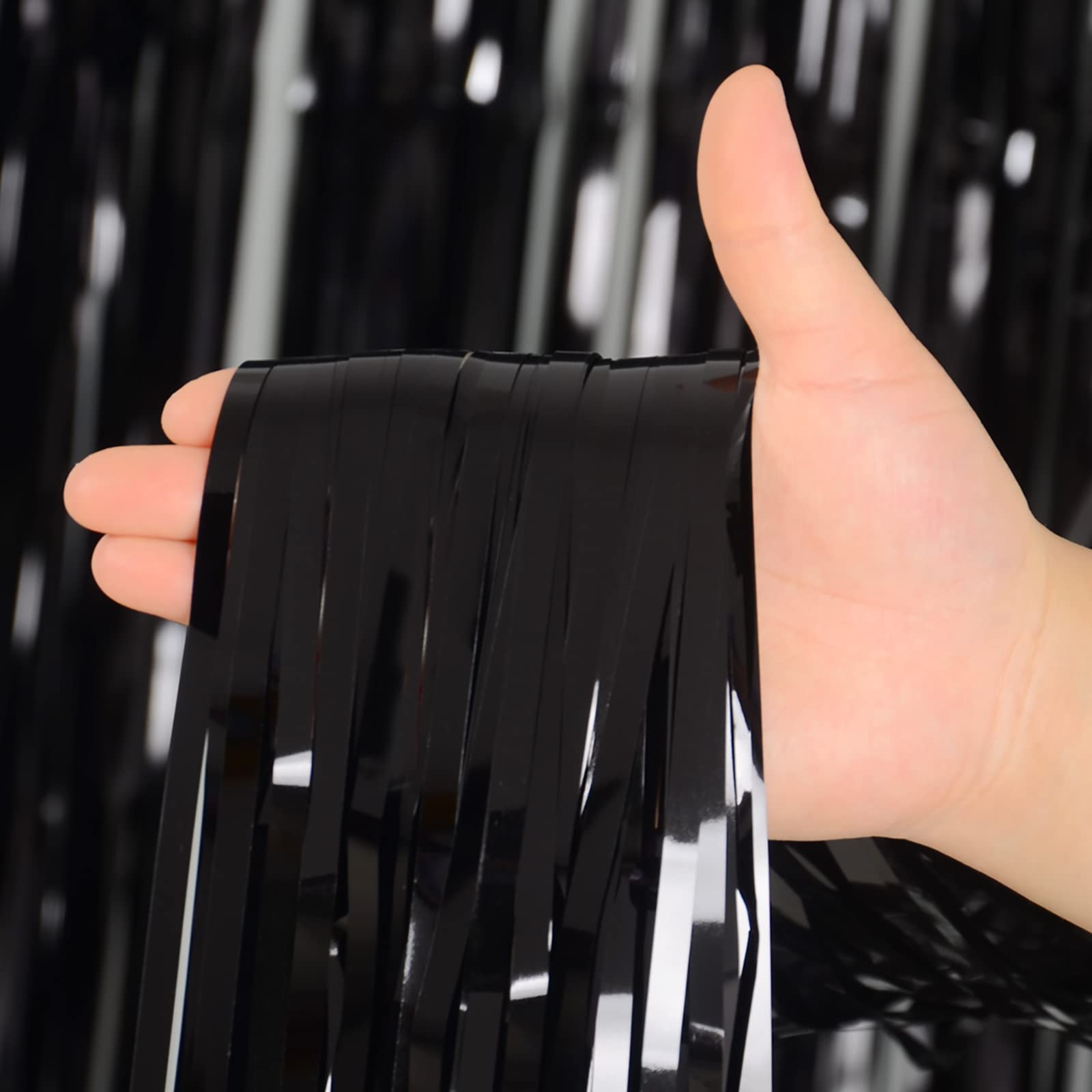 Black Tinsel Foil Fringe Curtain Backdrop,Melsan 3.2 x 8 ft Tinsel Curtains Party Backdrop for New Year Eve, Grad, Entirement,Holloween, Birthday Party Decoration for Men - 3 Packs