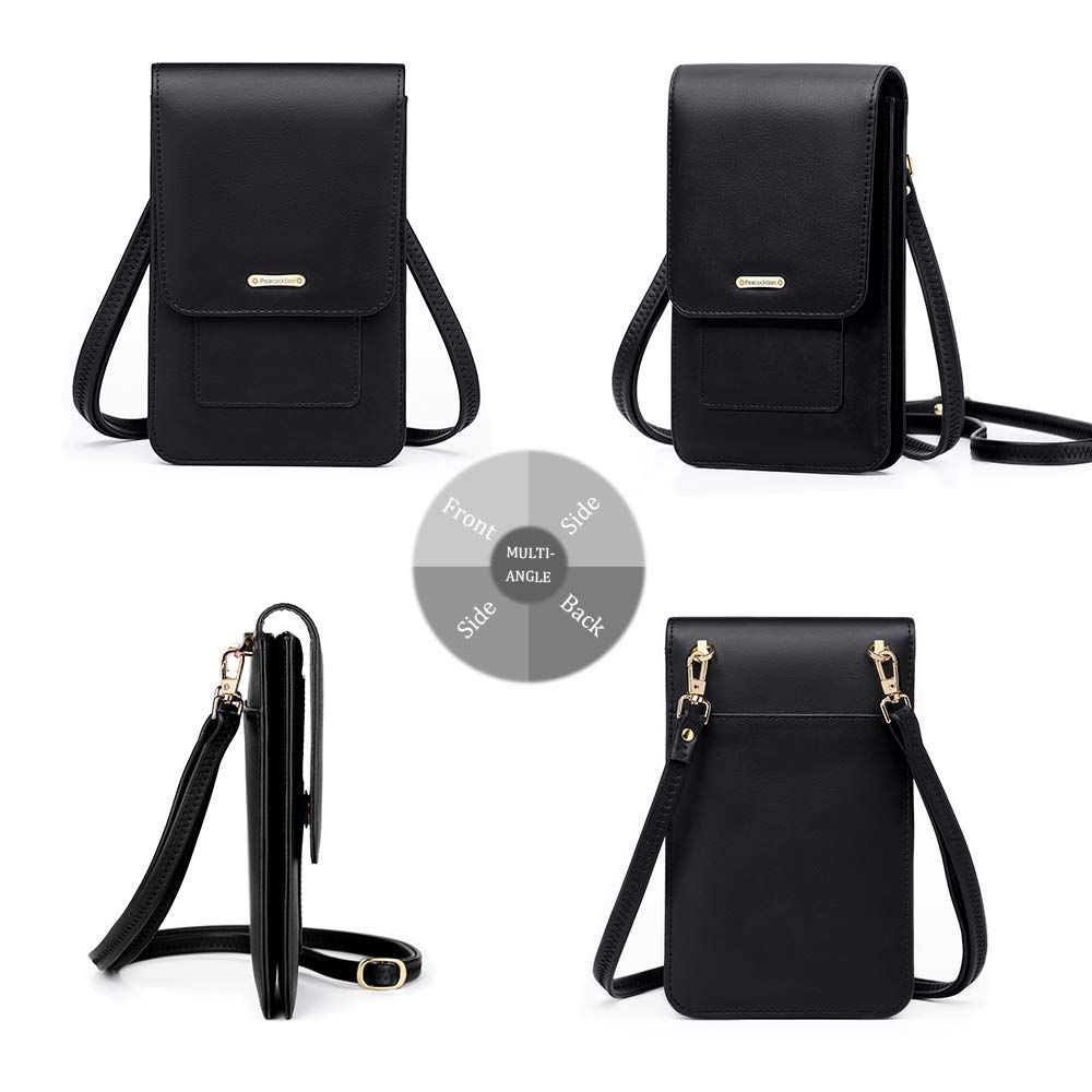 Peacocktion Small Crossbody Cell Phone Bag for Women, Leather Shoulder Bag Card Holder Phone Wallet Purse (Black)