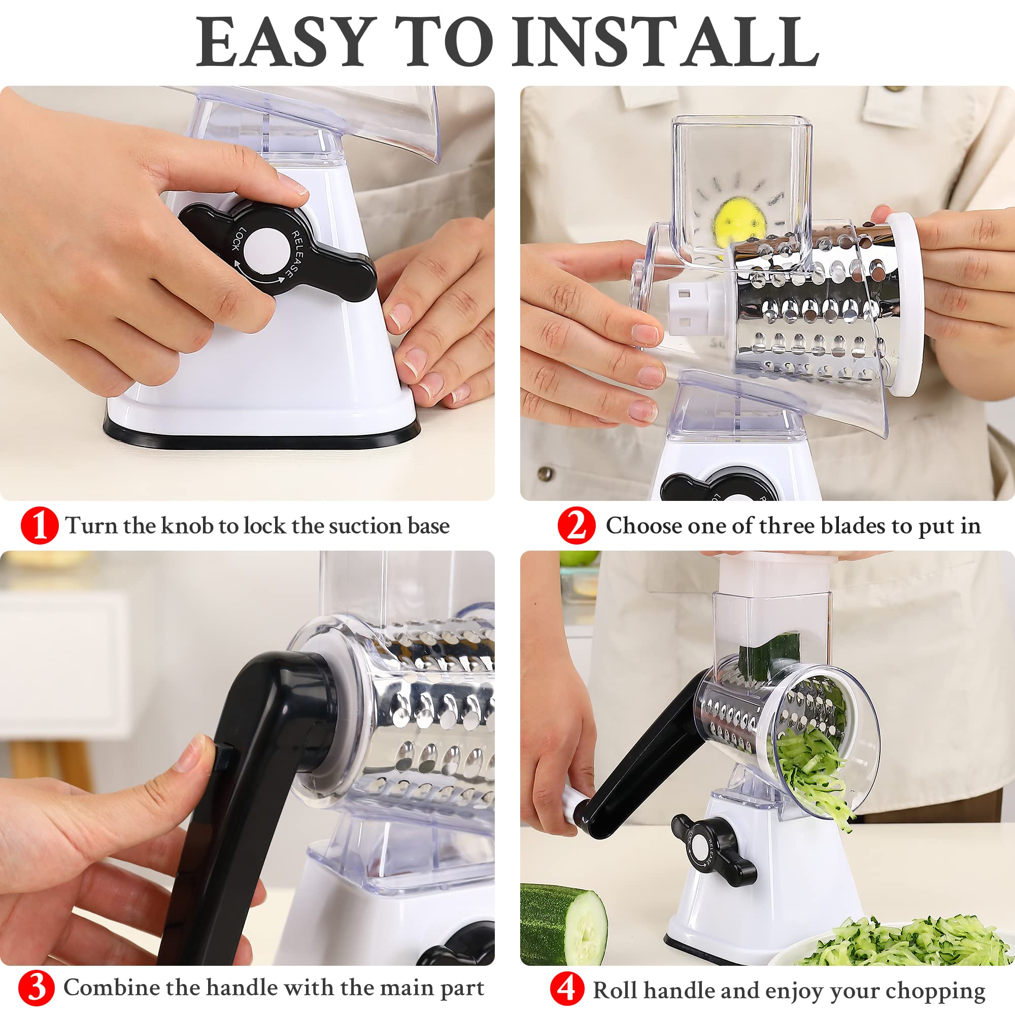 Cheese Graters with Handle, Manual Cheese Shredder Rotary Grater with 3 Replaceable Drum Blades for Vegetables, Fruit, Food, Nuts