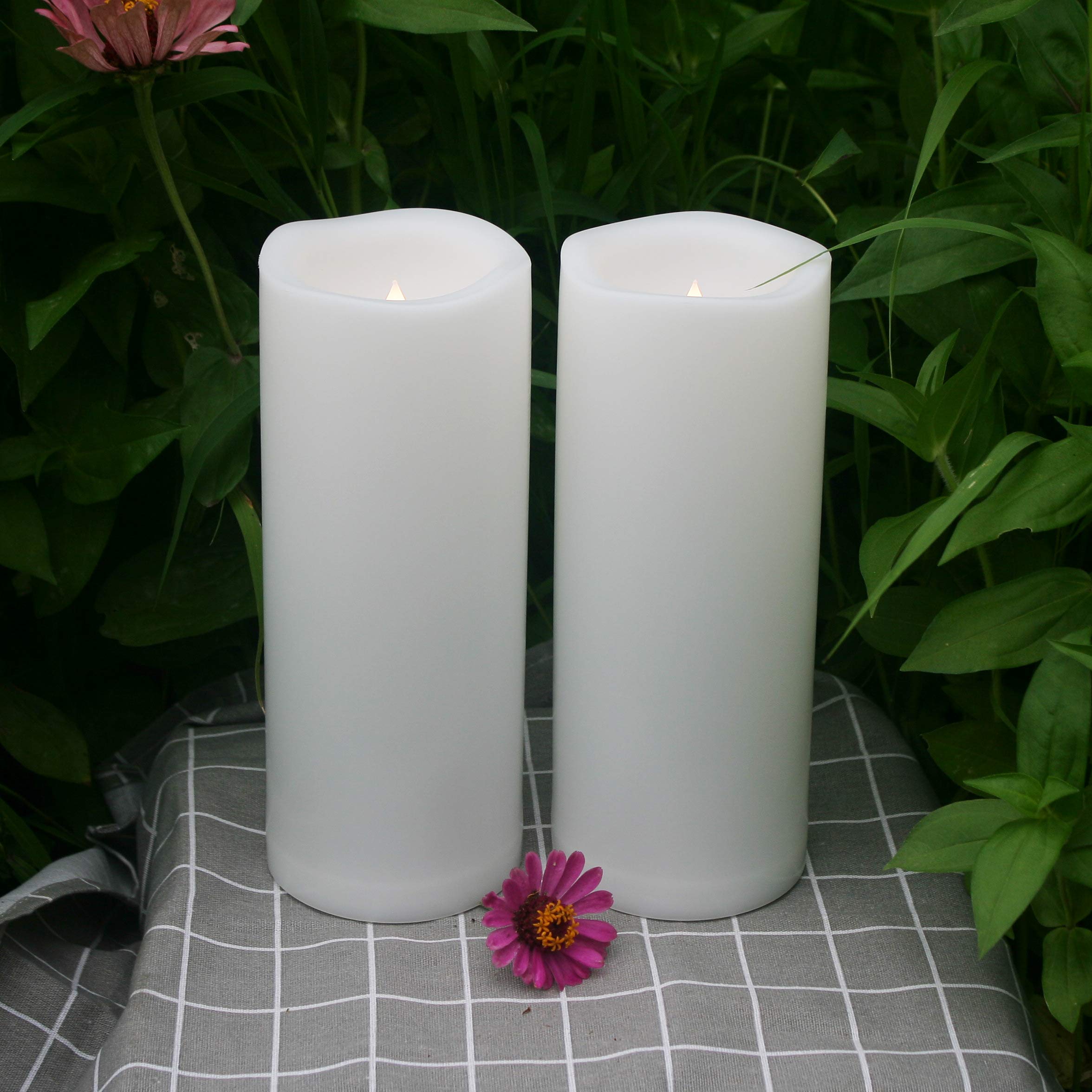 Outdoor Waterproof Large Led Flameless Candle with Remote Timer Long Lasting Battery Operated Plastic Electric Resin Pillar Candle light for Home Garden Patio Xmas Wedding Party Decorations 4”X10”