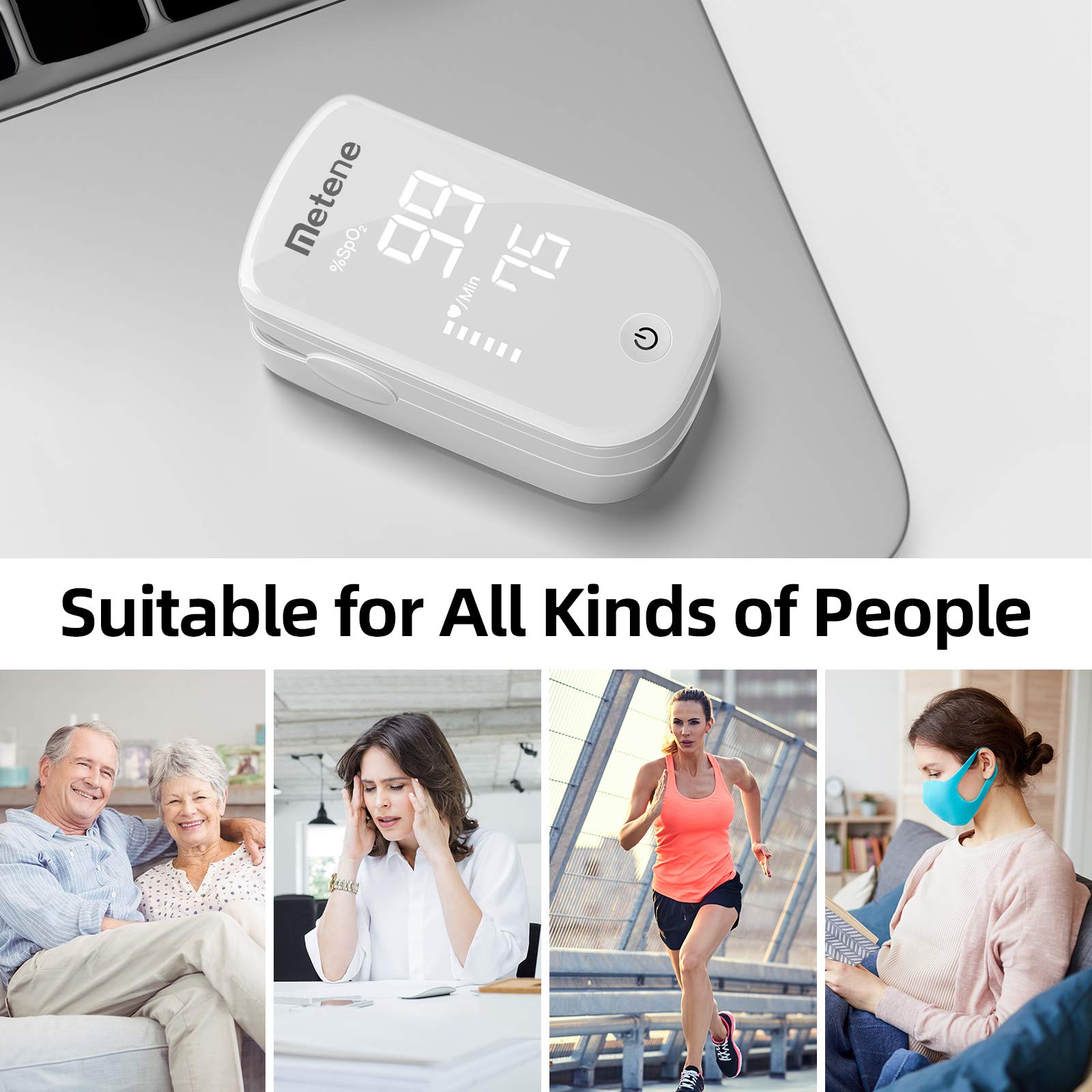 Metene Pulse Oximeter Fingertip, Blood Oxygen Saturation Monitor with Accurate Fast Spo2 Reading Oxygen Meter, Oxygen Monitor with Lanyard and Batteries (White)