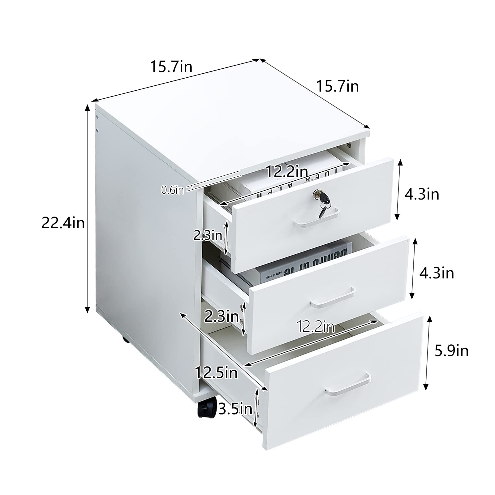 CLIPOP Mobile Office Cabinet with 3 Drawers(1 Lockable), Under Desk Rolling Vertical File Cabinet with 4 Wheels for Letter/Legal /A4 Size Documents, Wooden Storage Cabinet for Home Office (White)