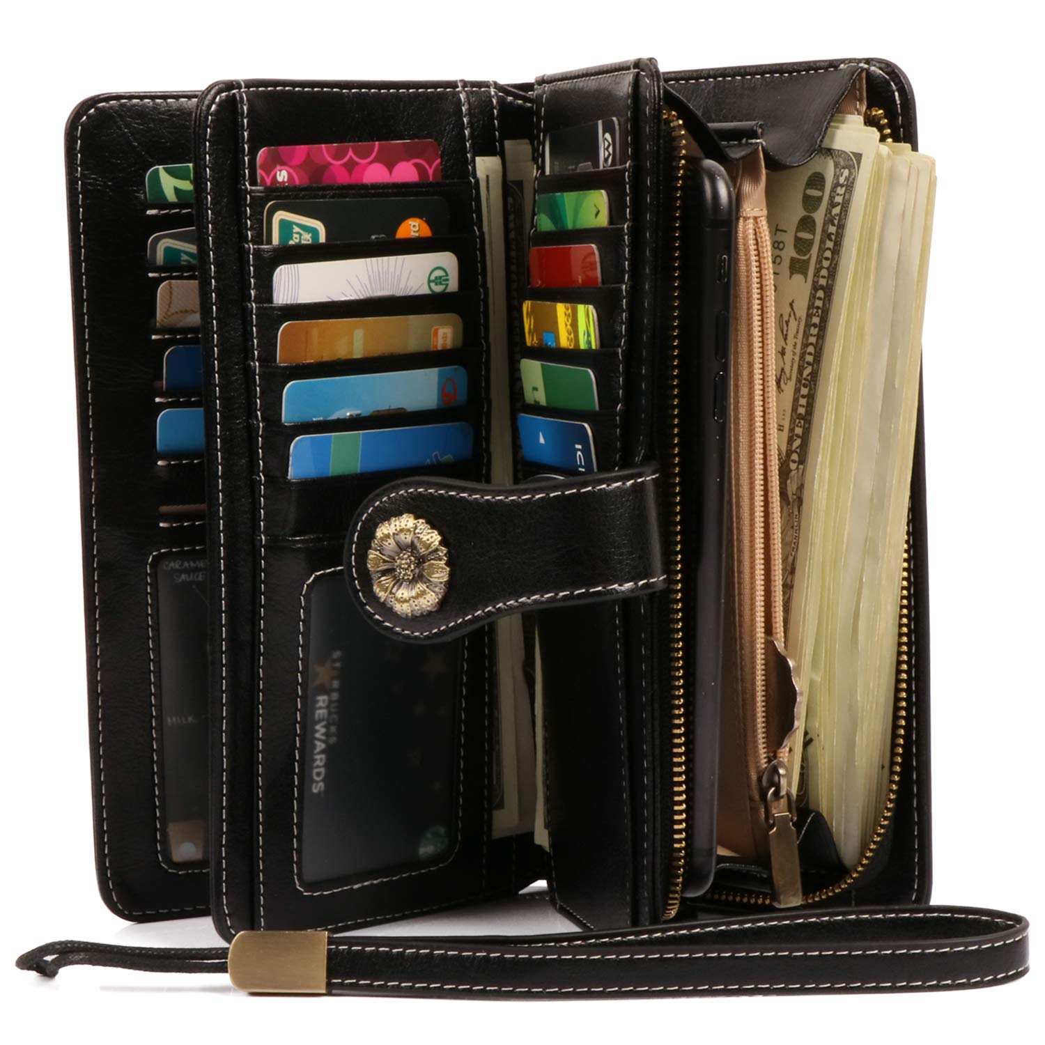 Pearl Angeli Wristlet Wallets for Women Waxy Leather Credit Card Wallet with Rfid Blocking