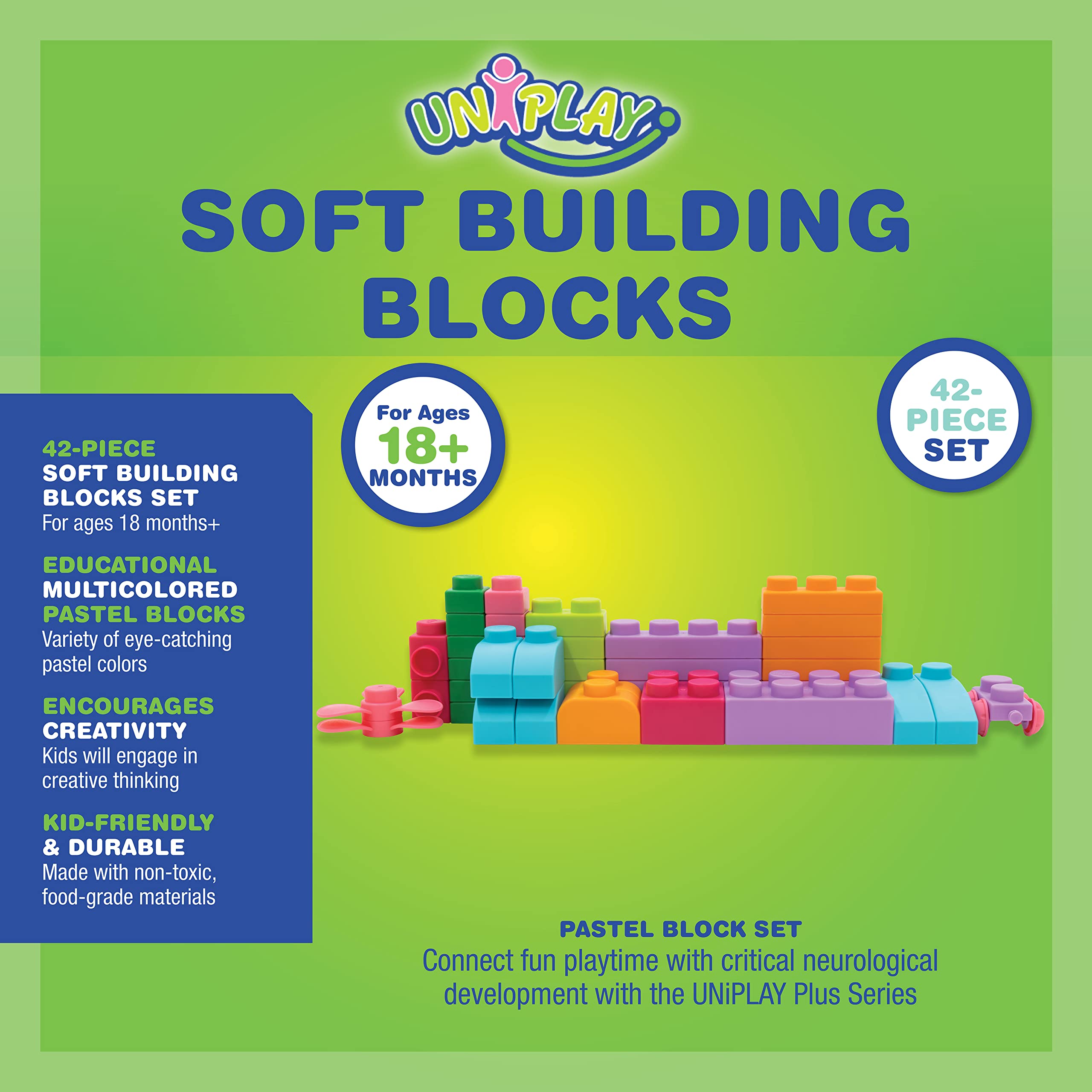 UNiPLAY Plus Soft Building Blocks β Creativity Toy, Educational Play, Cognitive Development, Early Learning Stacking Blocks for Infants and Toddlers, Pink (42-Piece Set)