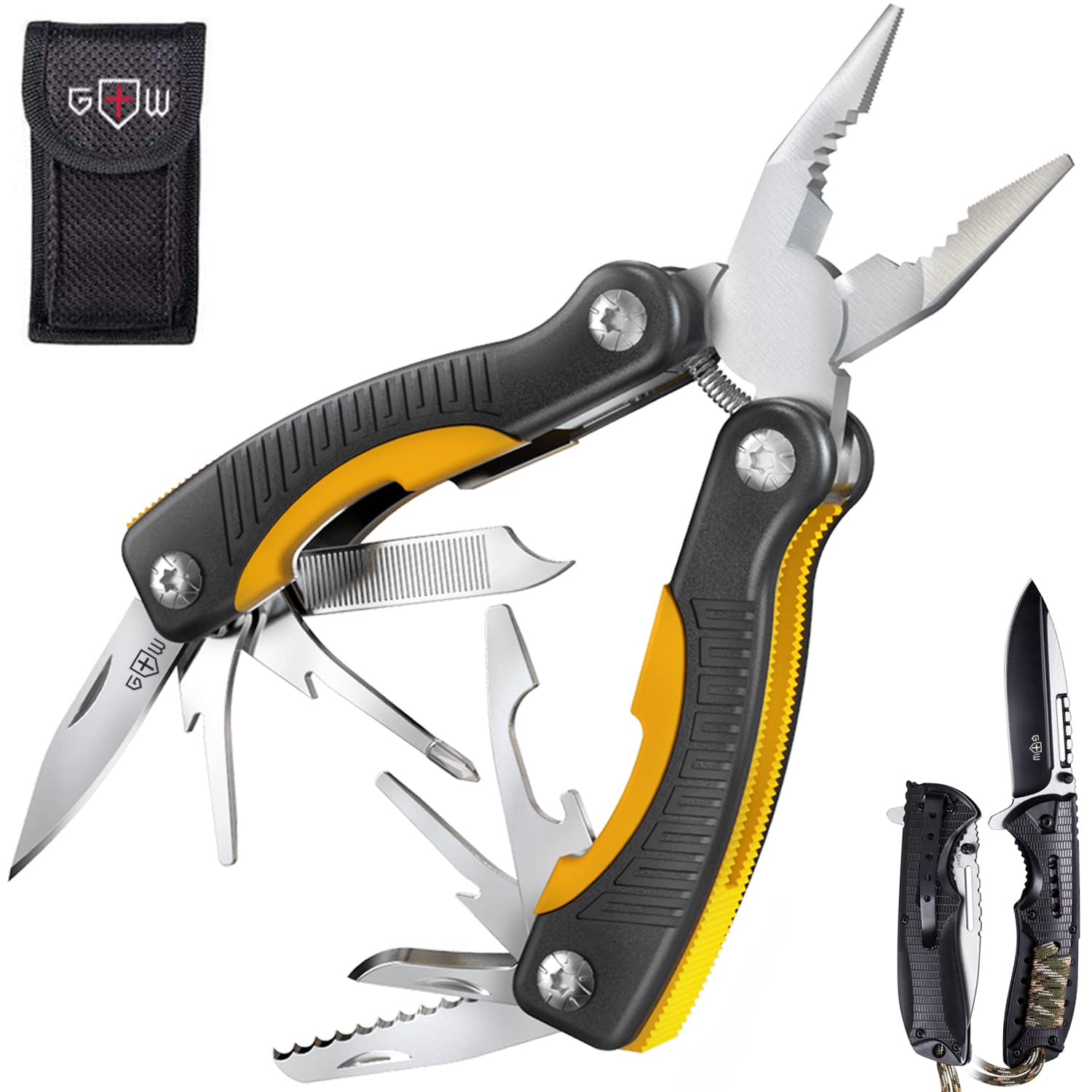 Bundle of 2 Items - Pocket Knife - Survival Military Foldable Knife - Best Outdoor Camping Hunting Bushcraft EDC Folding Knife - Mini Multitool Knife 12 in 1 - Small Pocket Multi Tool with Pliers